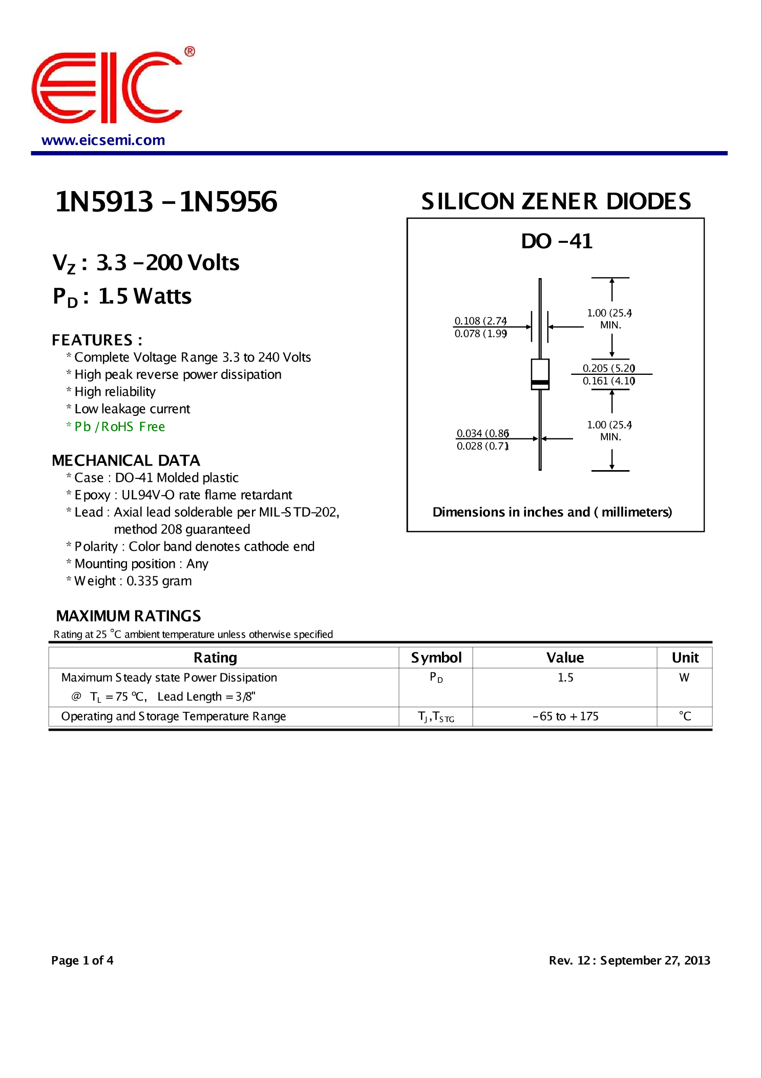 1N5918B_（EIC）1N5918B中文资料_价格_PDF手册-立创电子商城