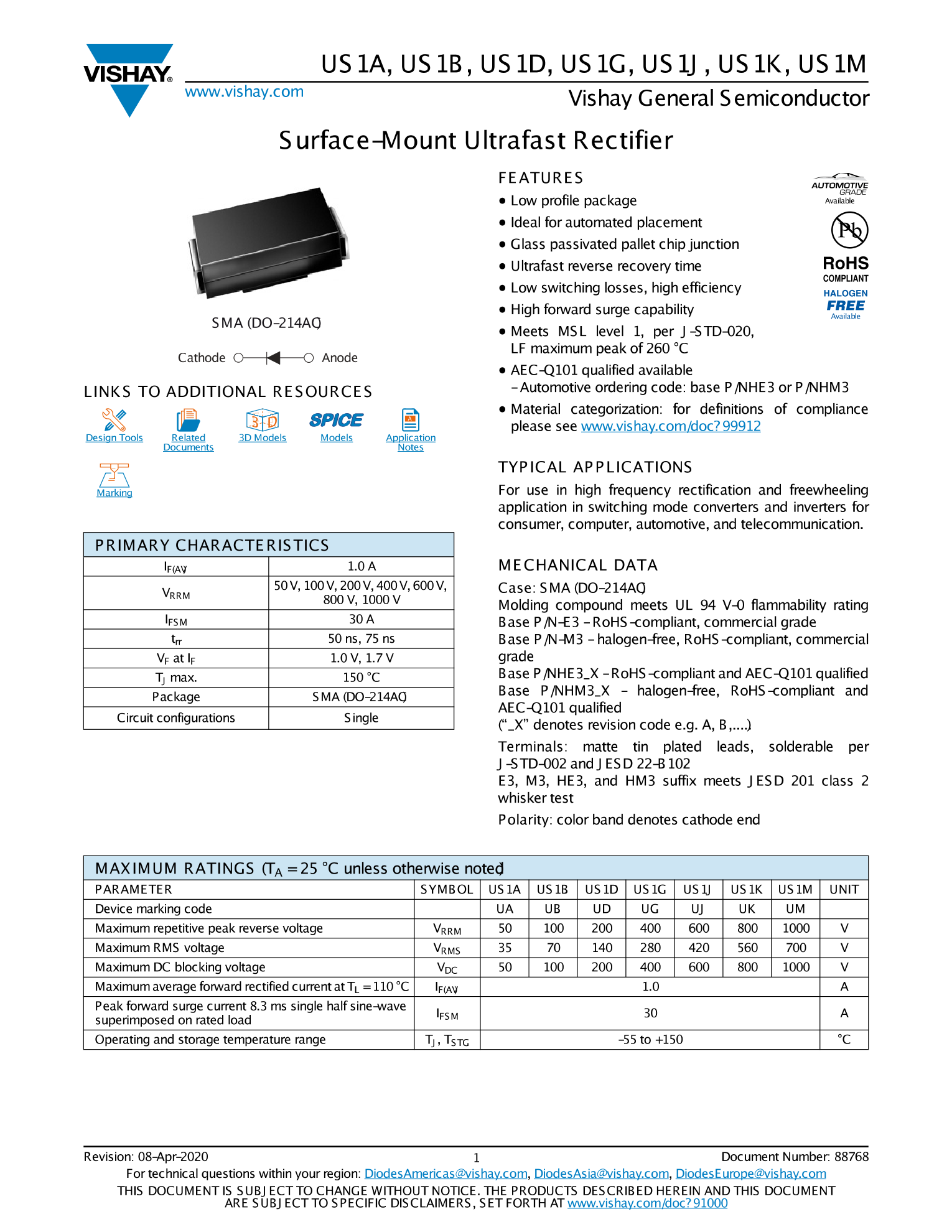 US1M-E3/5AT_（VISHAY(威世)）US1M-E3/5AT中文资料_价格_PDF手册-立创电子商城