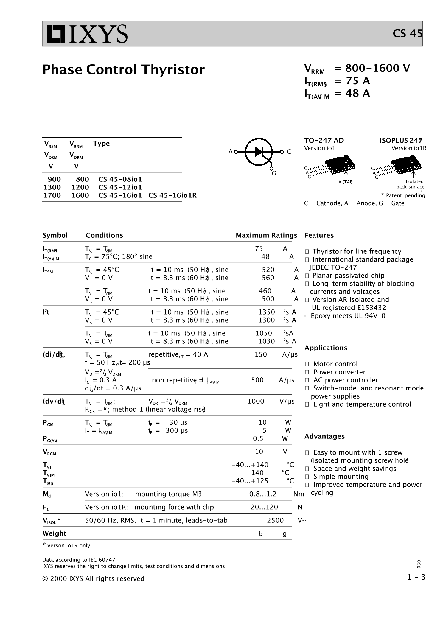 CS45-16IO1_（IXYS）CS45-16IO1中文资料_价格_PDF手册-立创电子商城