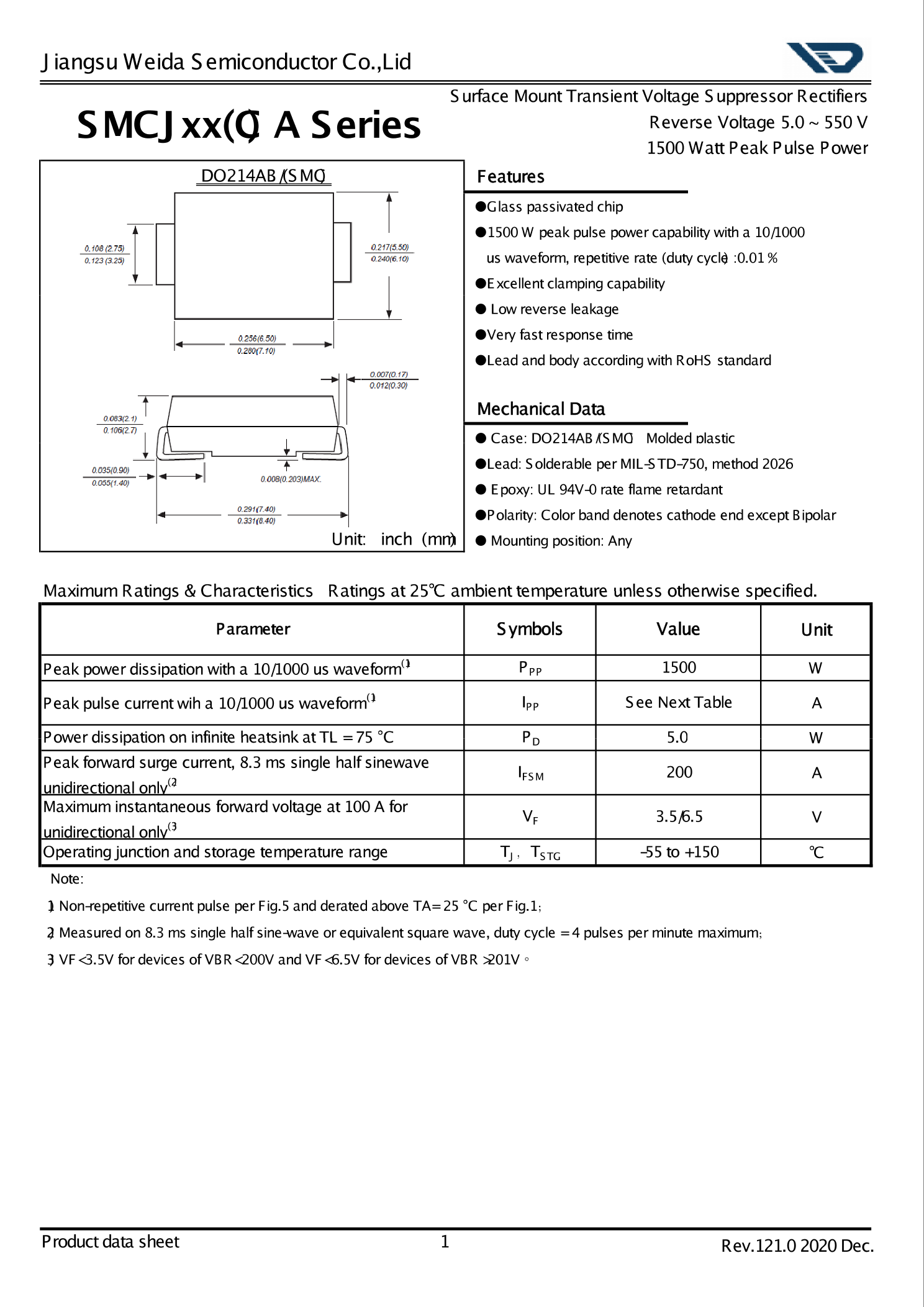 SMCJ24A_（WEIDA(韦达)）SMCJ24A中文资料_价格_PDF手册-立创电子商城