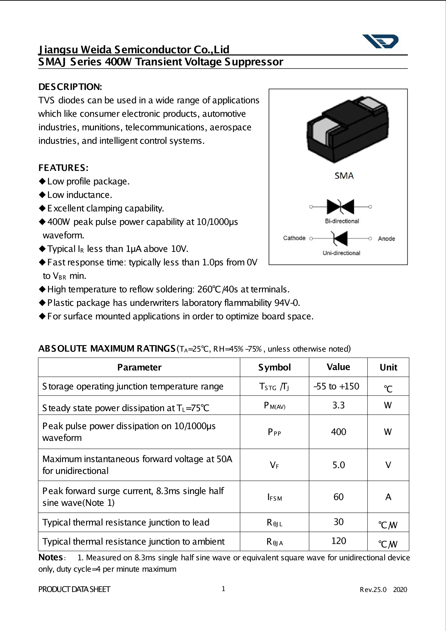 SMAJ12CA_（WEIDA(韦达)）SMAJ12CA中文资料_价格_PDF手册-立创电子商城