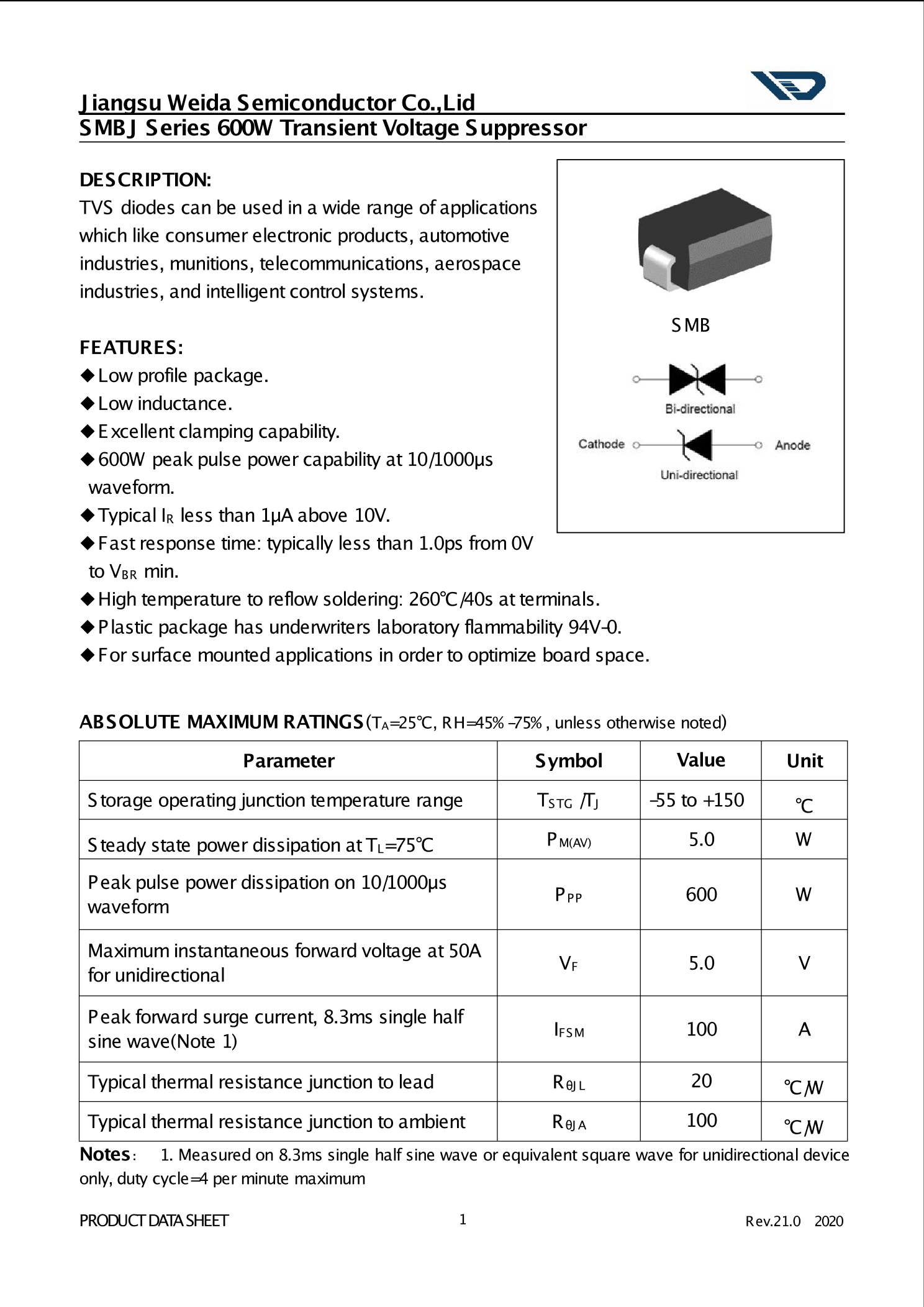 SMBJ5.0CA_（WEIDA(韦达)）SMBJ5.0CA中文资料_价格_PDF手册-立创电子商城