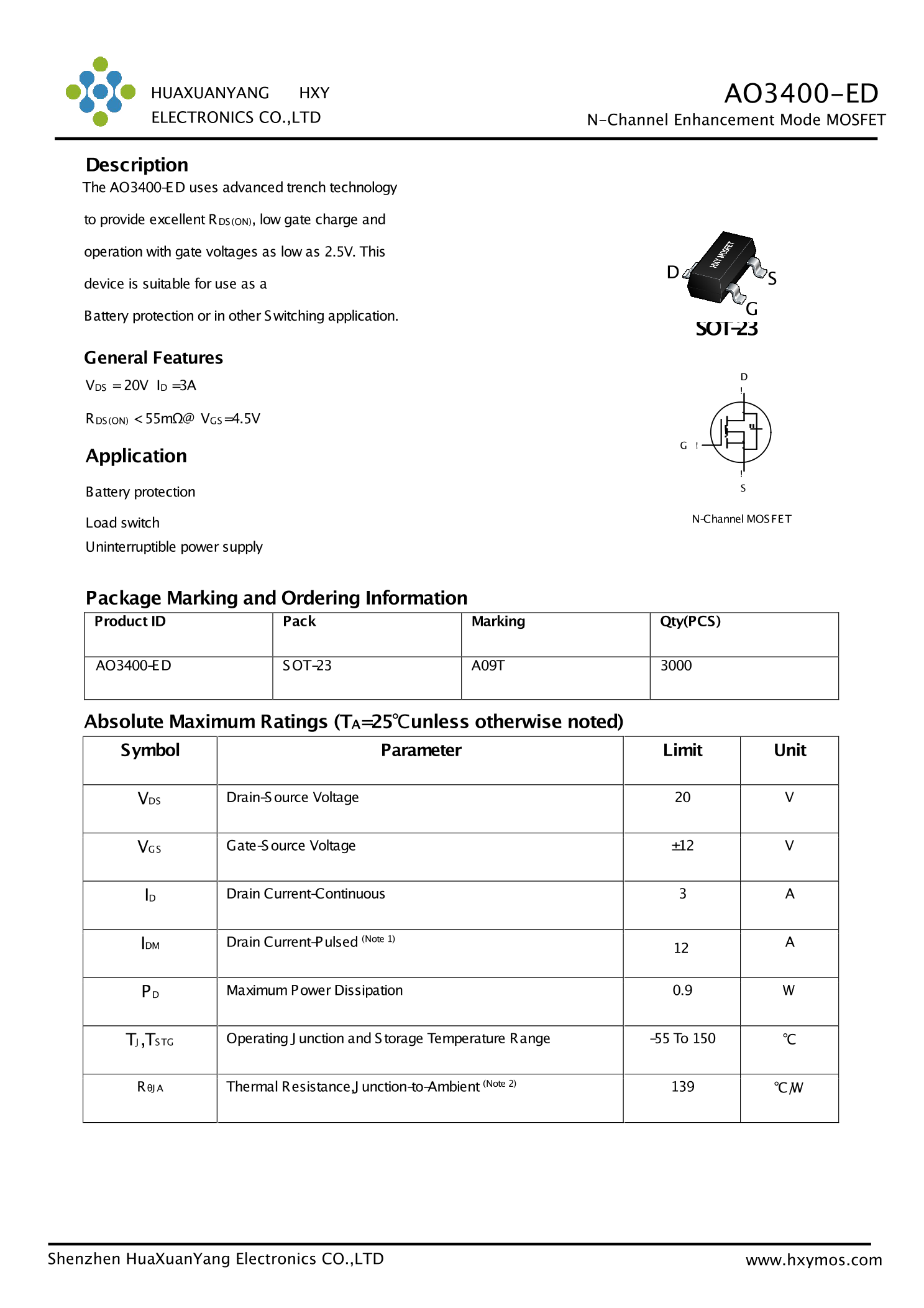 AO3400-ED_（HXY MOSFET(华轩阳电子)）AO3400-ED中文资料_价格_PDF手册-立创电子商城