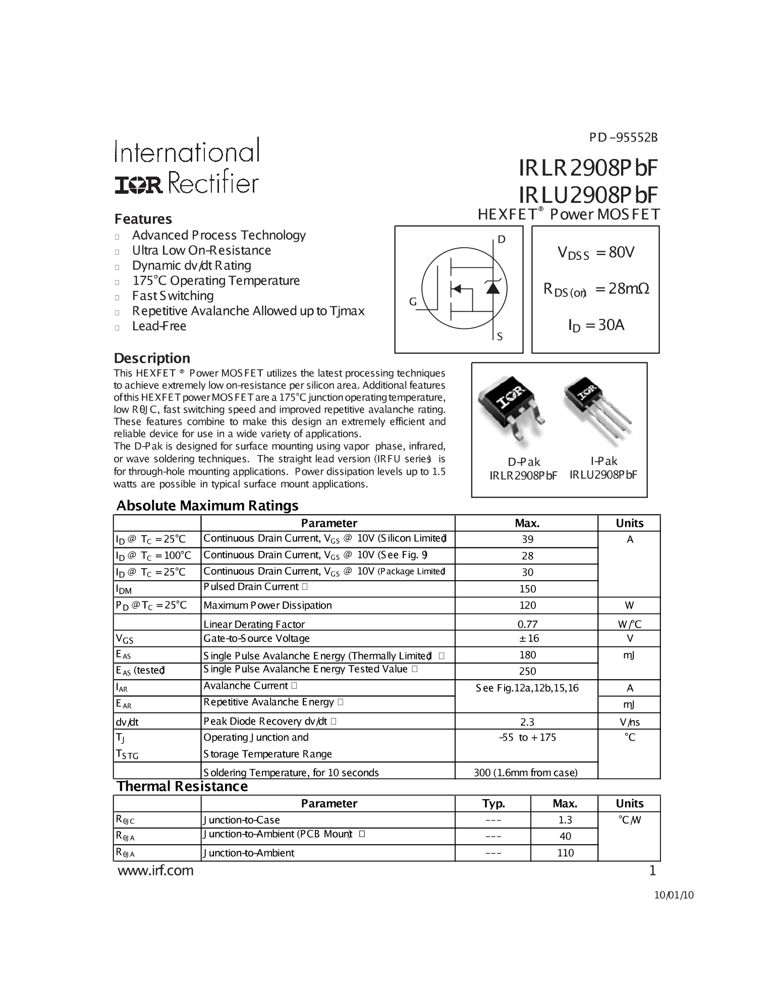 IRLR2908TRPBF_（Infineon(英飞凌)）IRLR2908TRPBF中文资料_价格_PDF手册-立创电子商城