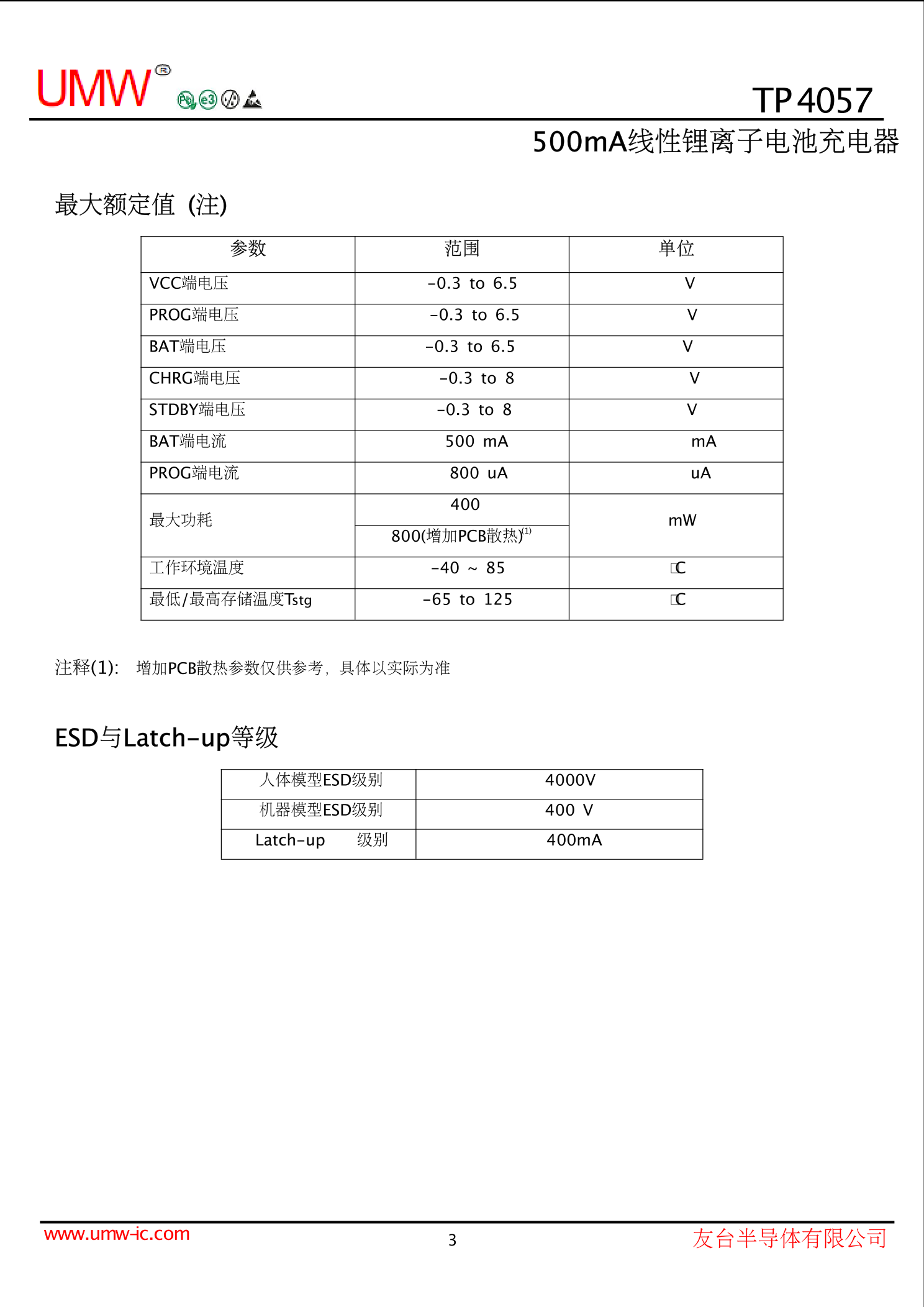 TP4057_（UMW(广东友台半导体)）TP4057中文资料_价格_PDF手册-立创电子商城