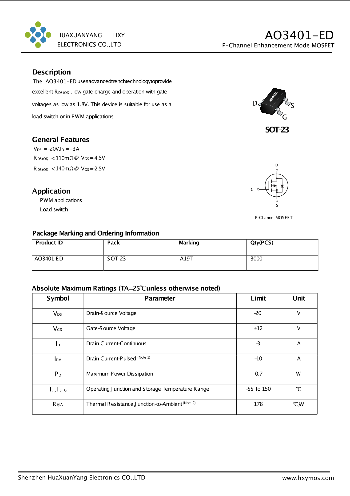 AO3401-ED_（HXY MOSFET(华轩阳电子)）AO3401-ED中文资料_价格_PDF手册-立创电子商城