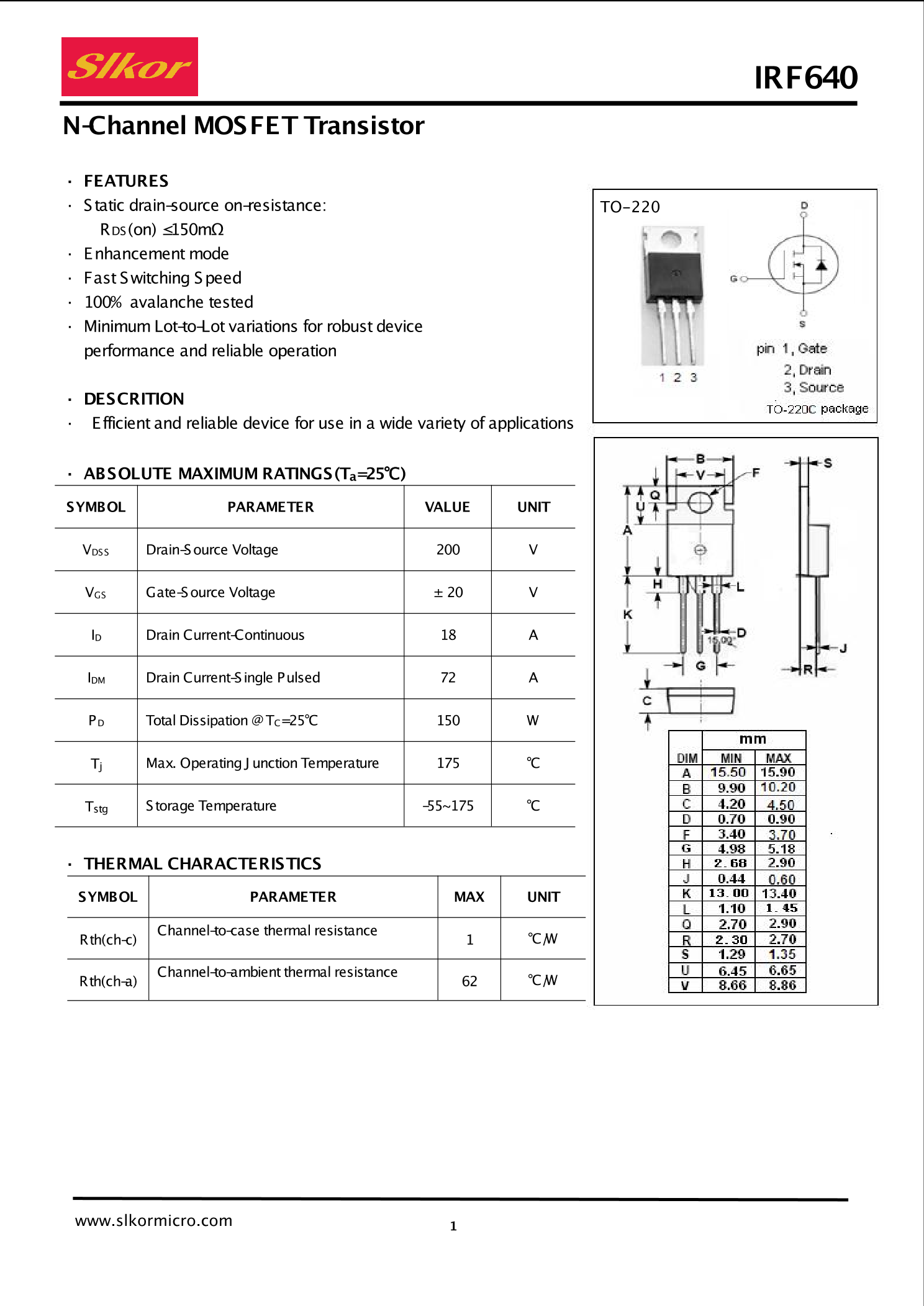 IRF640_（Slkor(萨科微)）IRF640中文资料_价格_PDF手册-立创电子商城