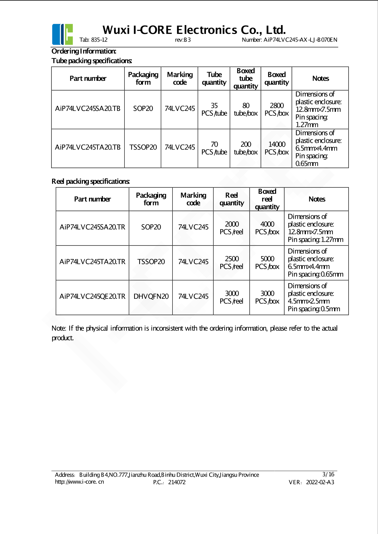 AiP74LVC245TA20.TB_（I-CORE(中微爱芯)）AiP74LVC245TA20.TB中文资料_价格_PDF手册-立创电子商城