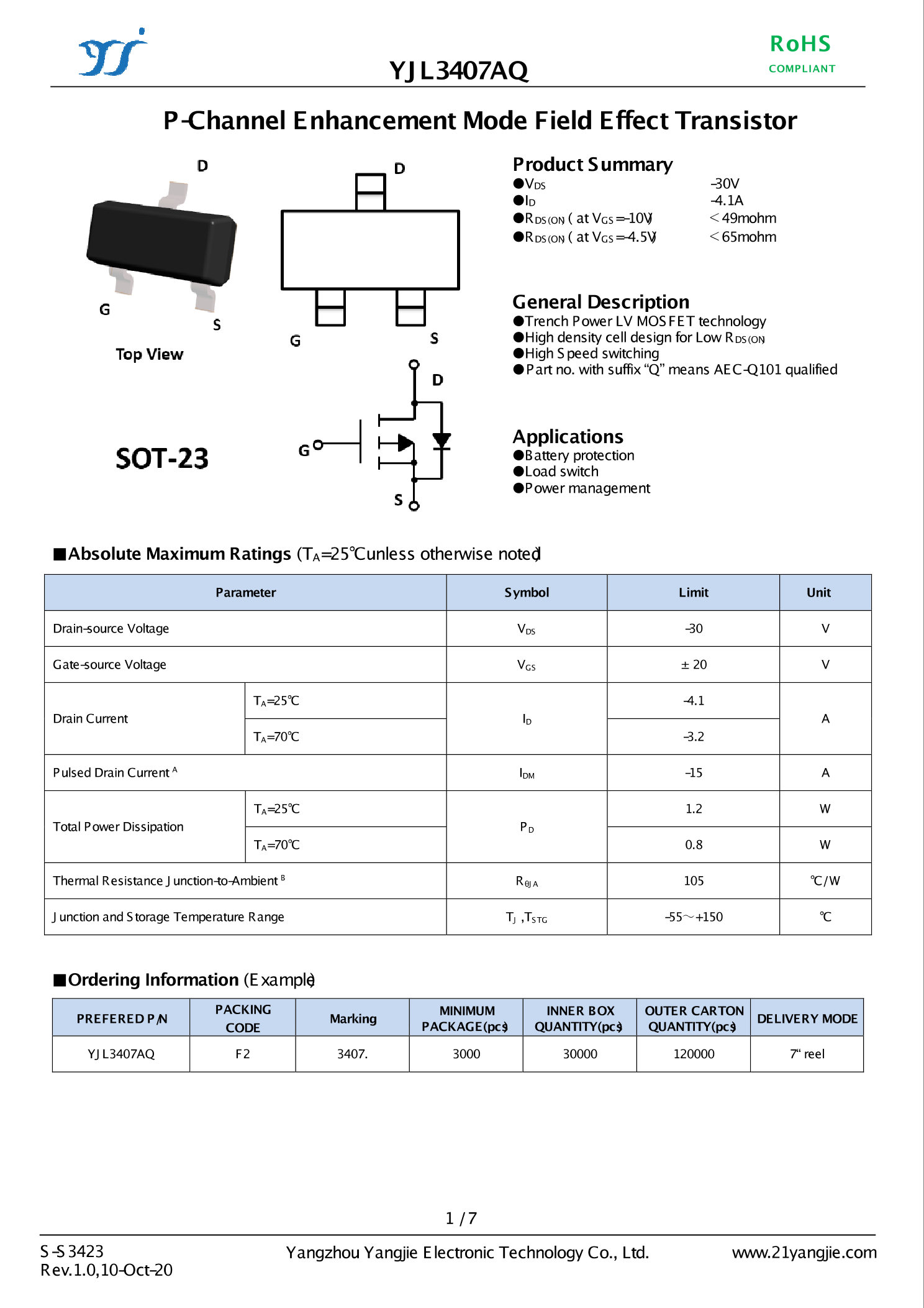 YJL3407AQ_（YANGJIE(扬杰)）YJL3407AQ中文资料_价格_PDF手册-立创电子商城