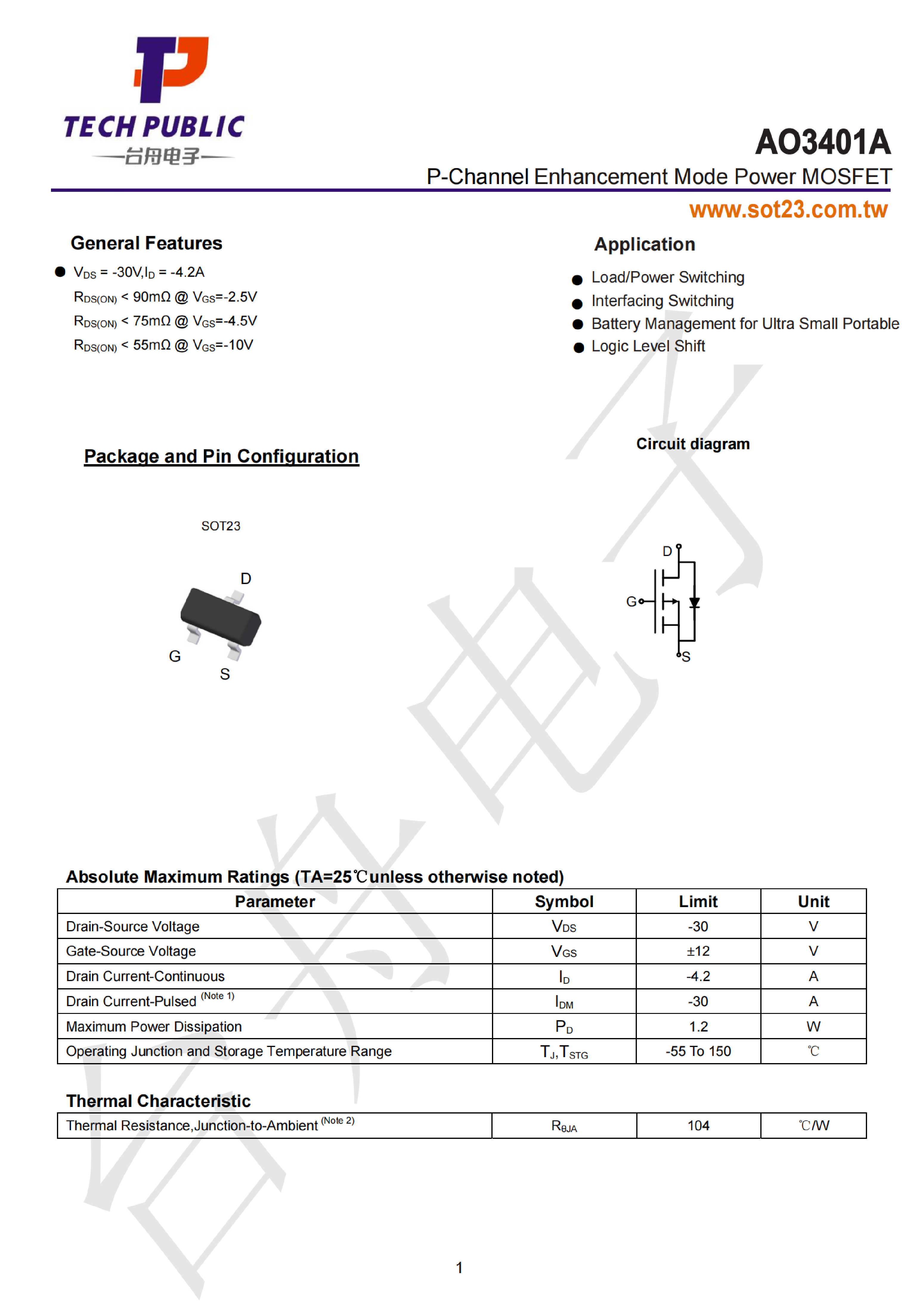 AO3401A_（TECH PUBLIC(台舟)）AO3401A中文资料_价格_PDF手册-立创电子商城