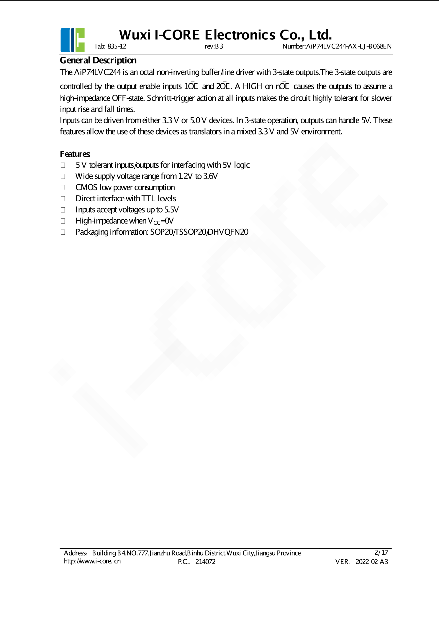 74LVC244_（I-CORE(中微爱芯)）74LVC244中文资料_价格_PDF手册-立创电子商城