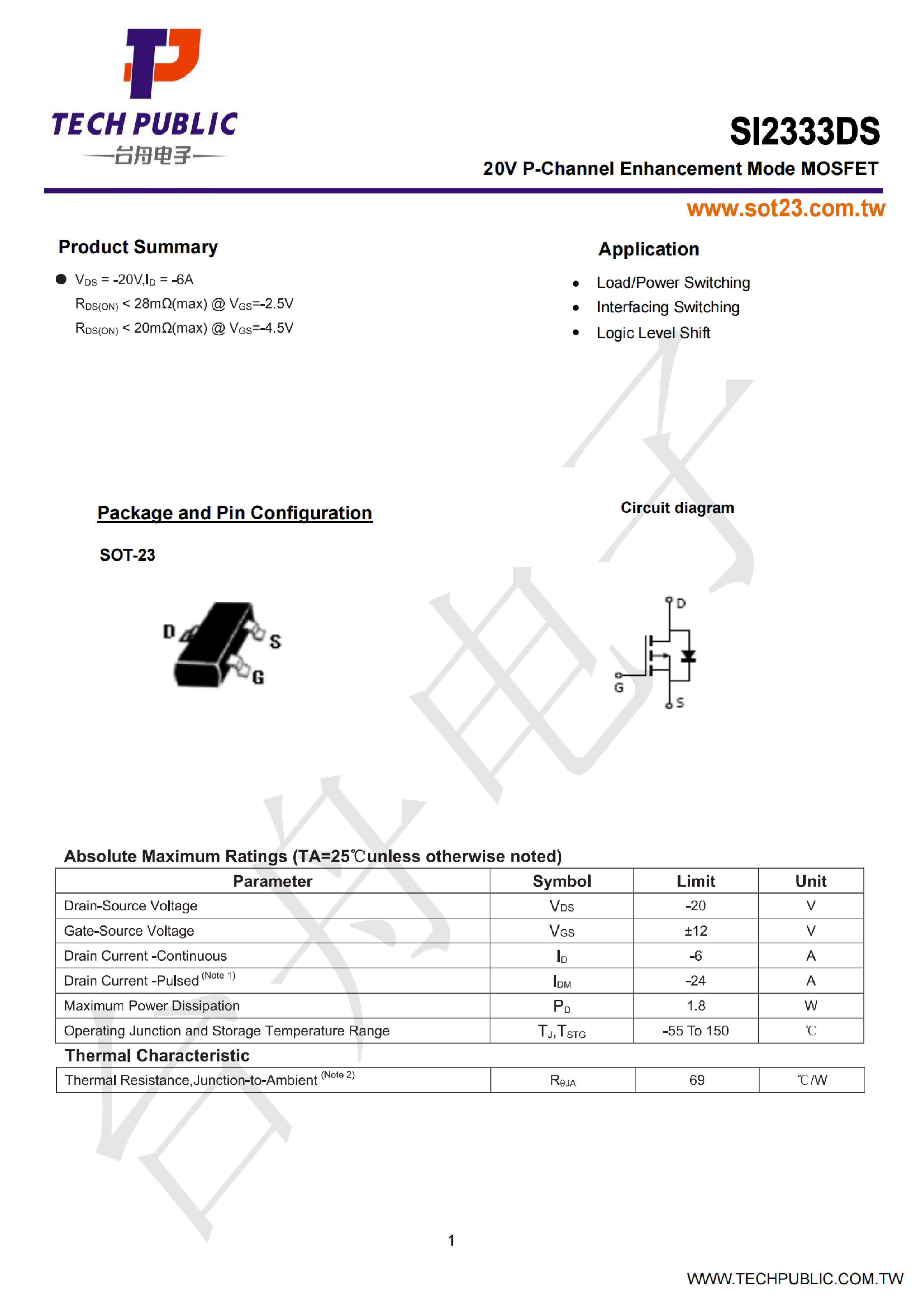 SI2333DS_（TECH PUBLIC(台舟)）SI2333DS中文资料_价格_PDF手册-立创电子商城