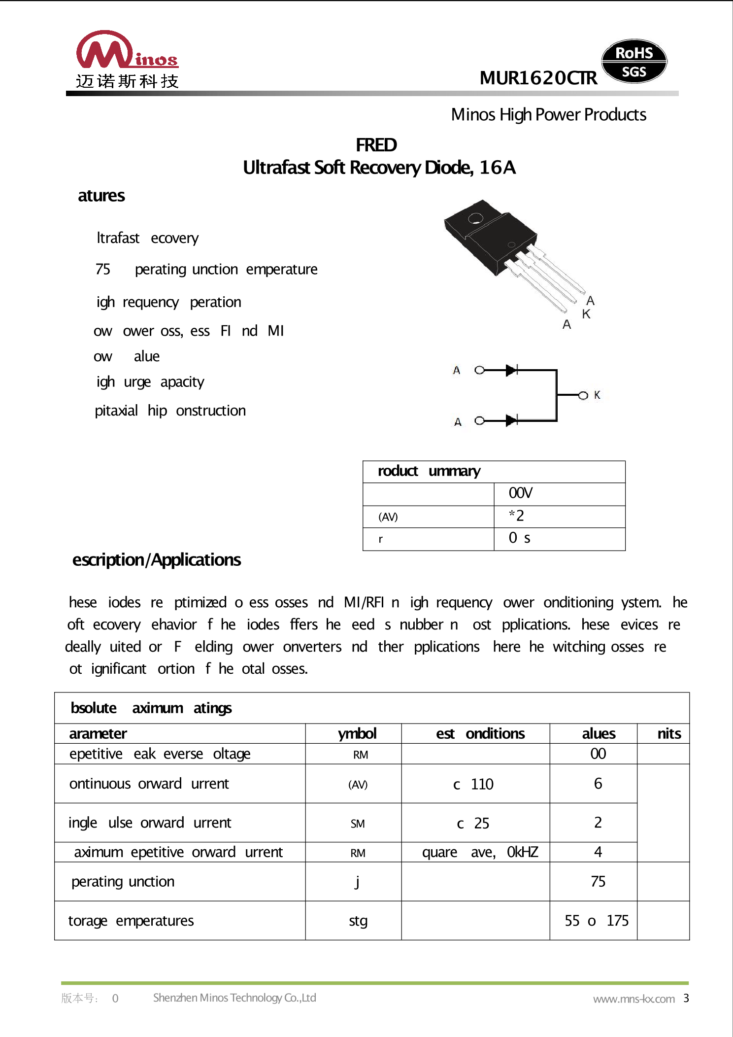 MUR1620CTR_（minos(迈诺斯)）MUR1620CTR中文资料_价格_PDF手册-立创电子商城