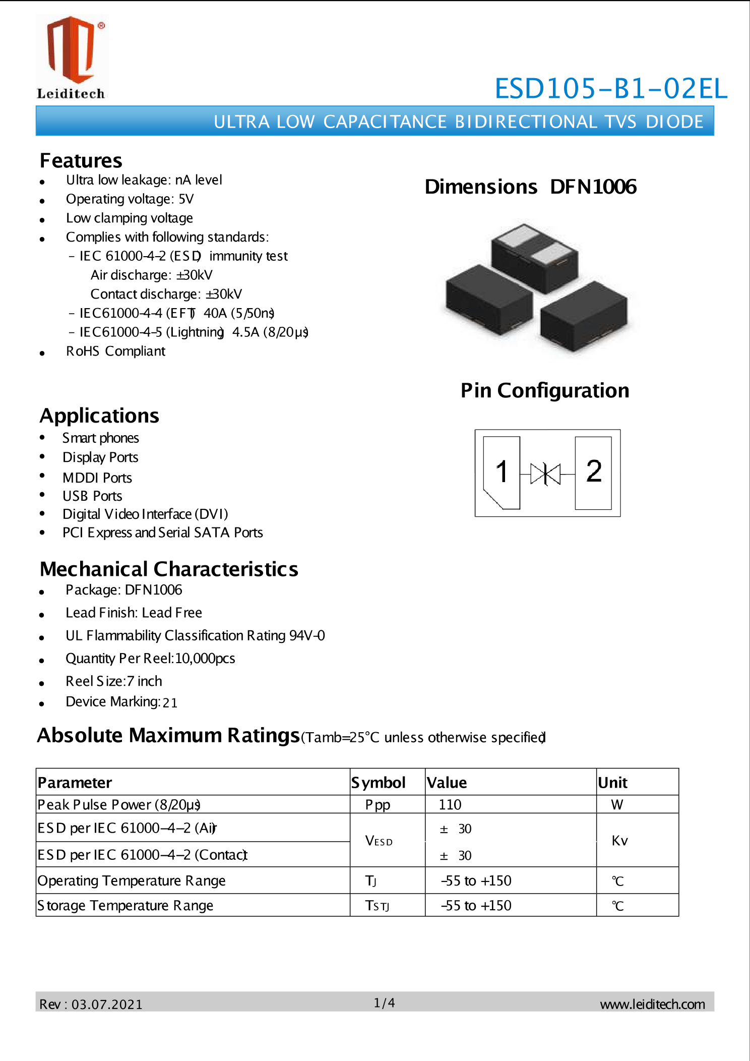 ESD105-B1-02EL_（Leiditech(雷卯电子)）ESD105-B1-02EL中文资料_价格_PDF手册-立创电子商城