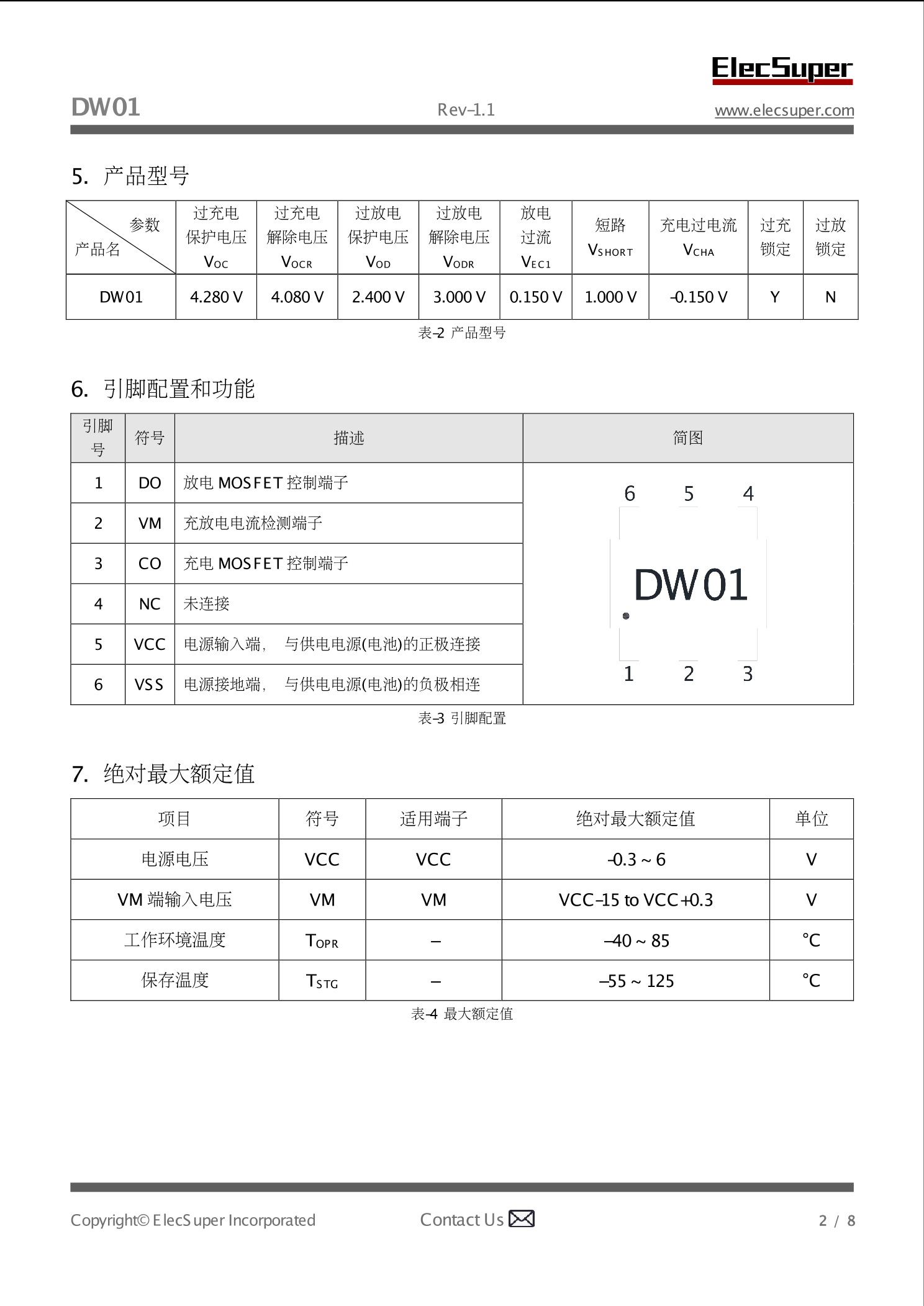 DW01_（ElecSuper(静芯微））DW01中文资料_价格_PDF手册-立创电子商城