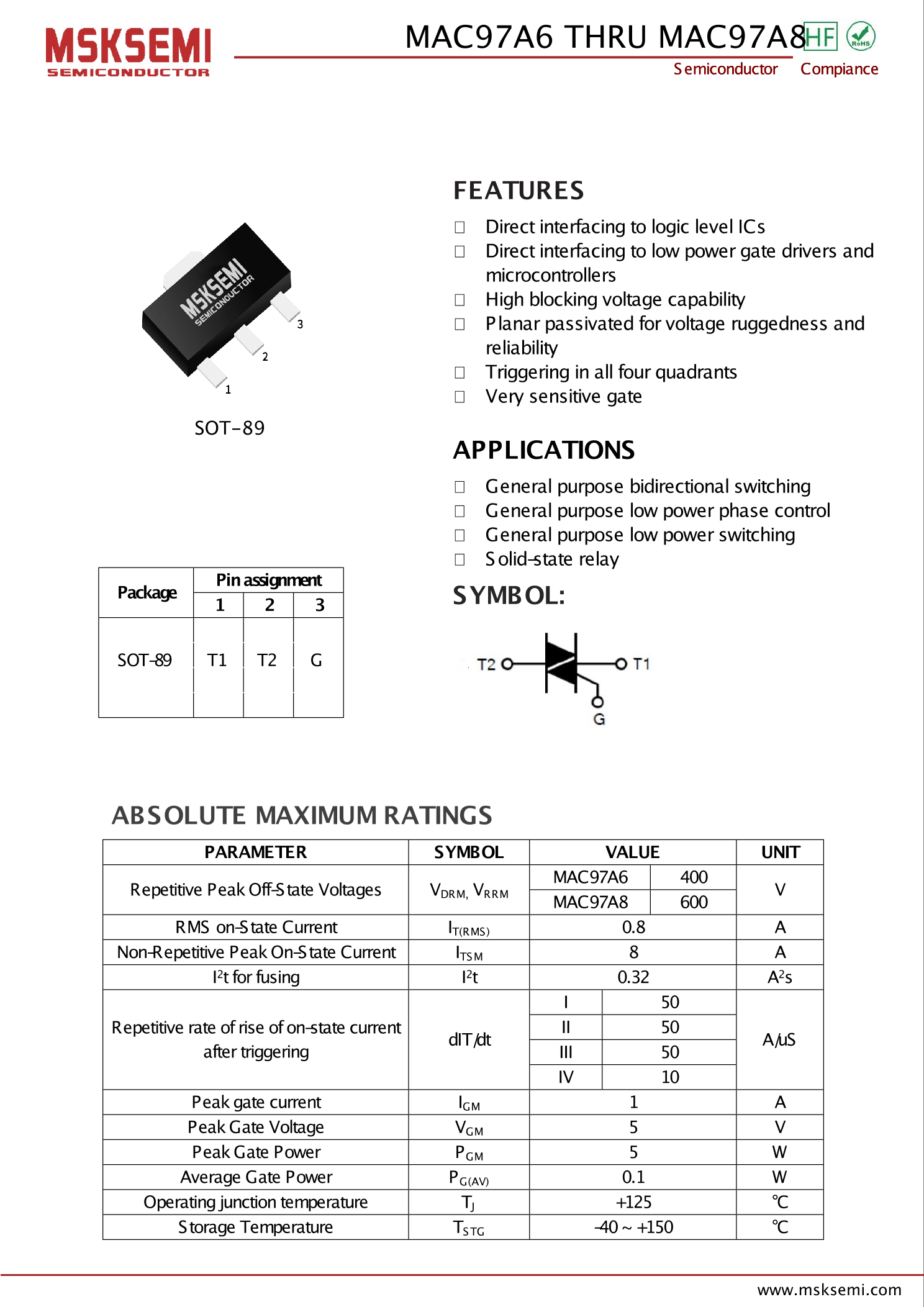 MAC97A8_（MSKSEMI(美森科)）MAC97A8中文资料_价格_PDF手册-立创电子商城