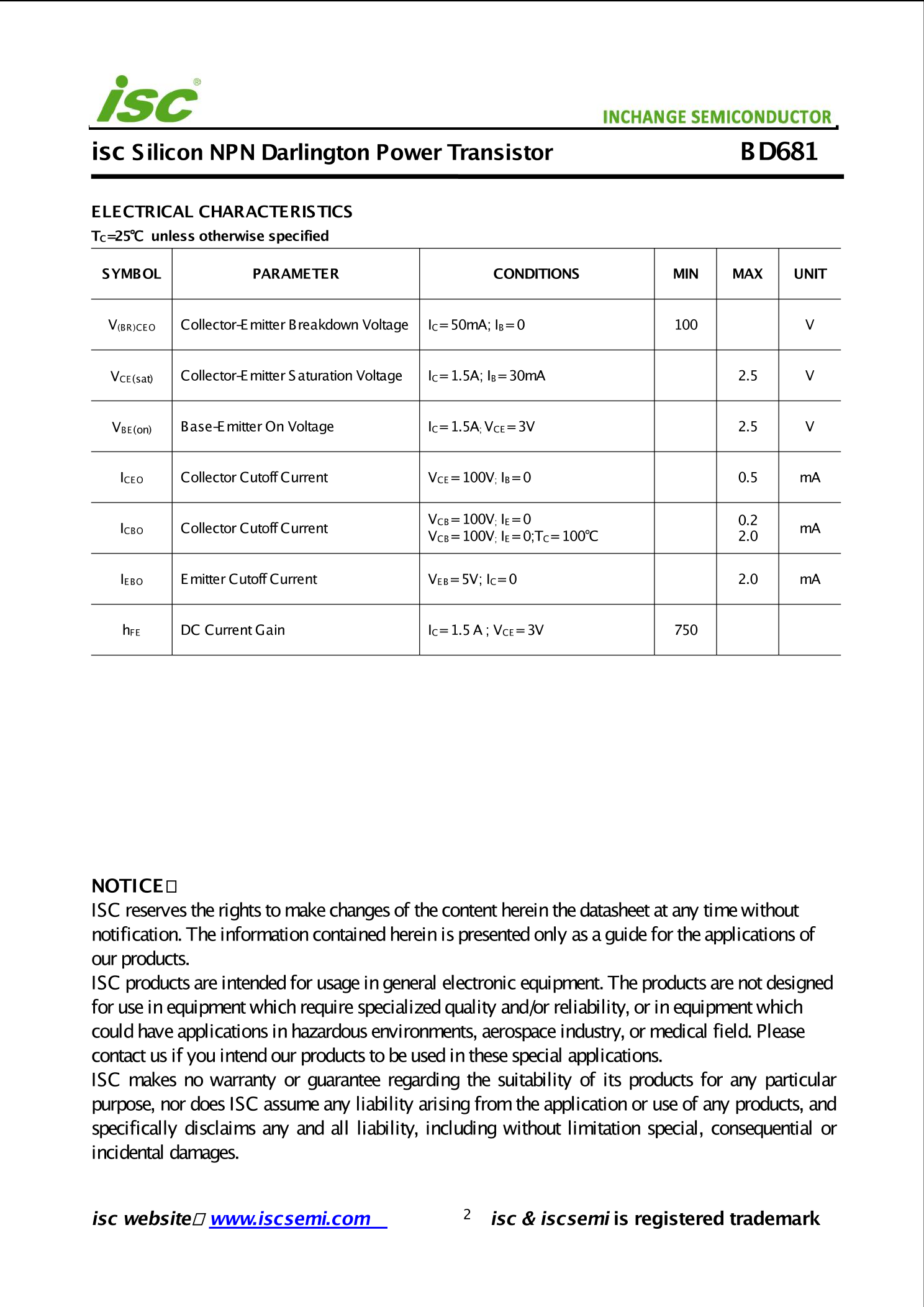 BD681_（ISC(无锡固电)）BD681中文资料_价格_PDF手册-立创电子商城