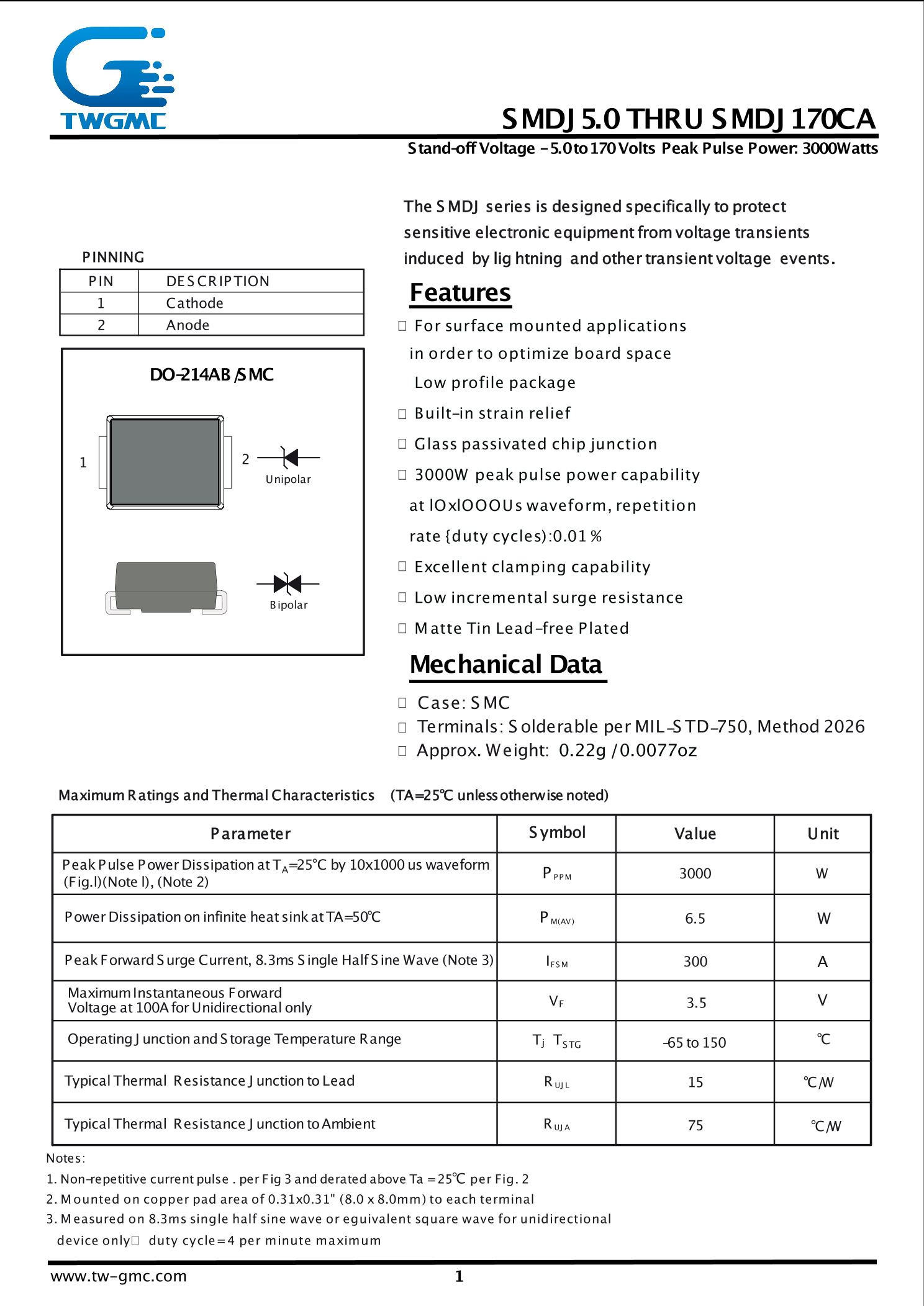 SMDJ36CA_（TWGMC(台湾迪嘉)）SMDJ36CA中文资料_价格_PDF手册-立创电子商城