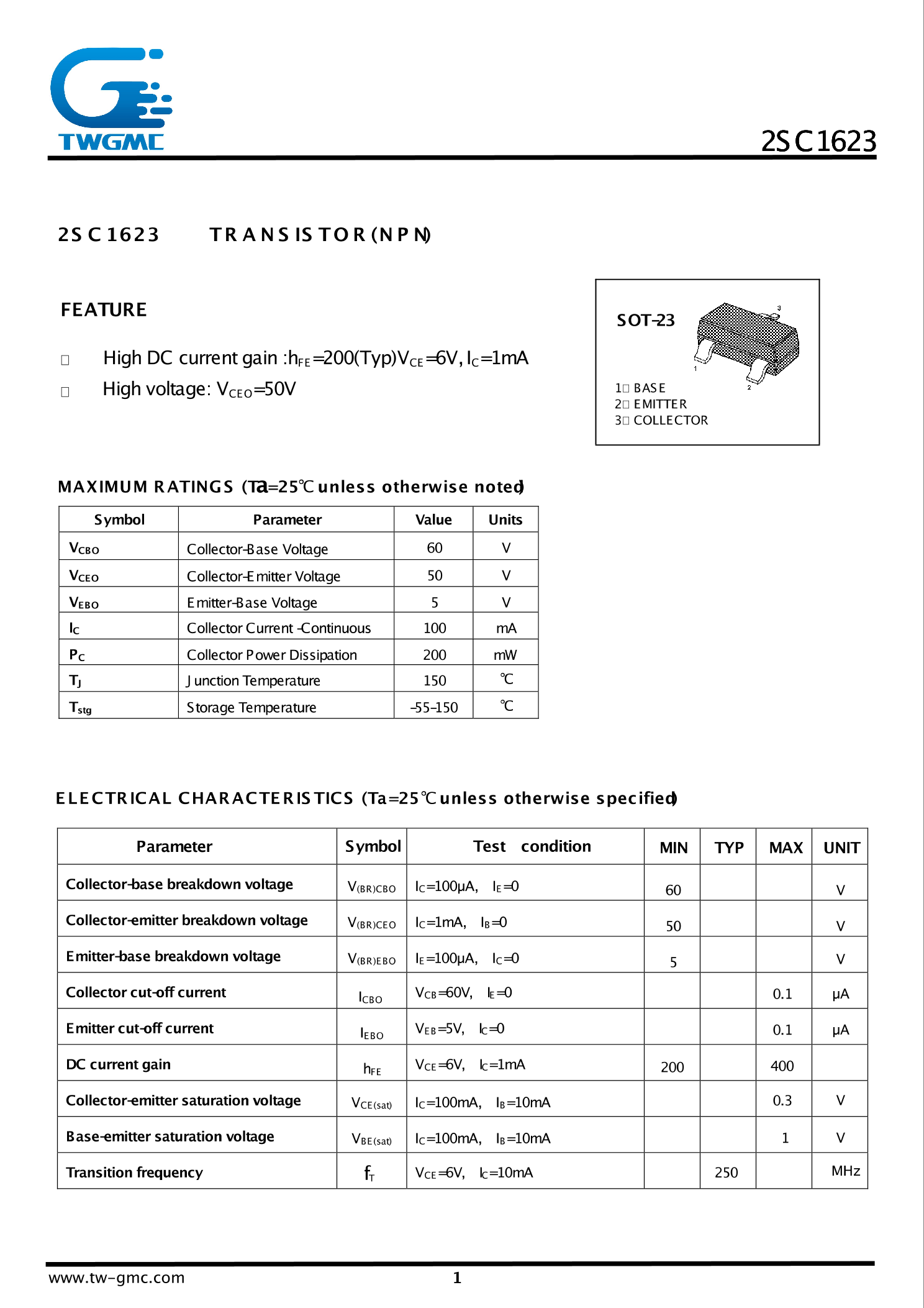2SC1623_（TWGMC(台湾迪嘉)）2SC1623中文资料_价格_PDF手册-立创电子商城
