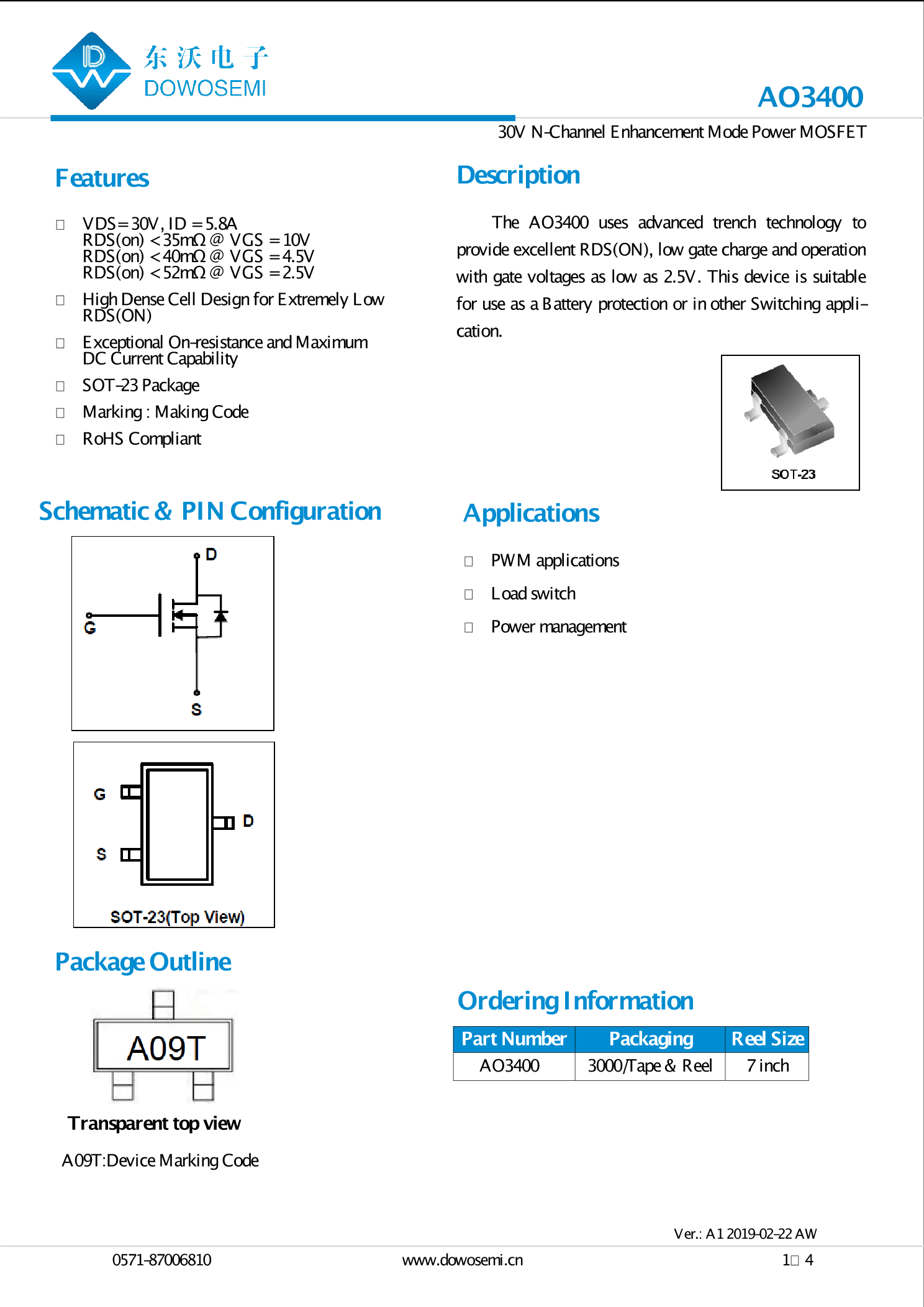 AO3400_（DOWO(东沃)）AO3400中文资料_价格_PDF手册-立创电子商城