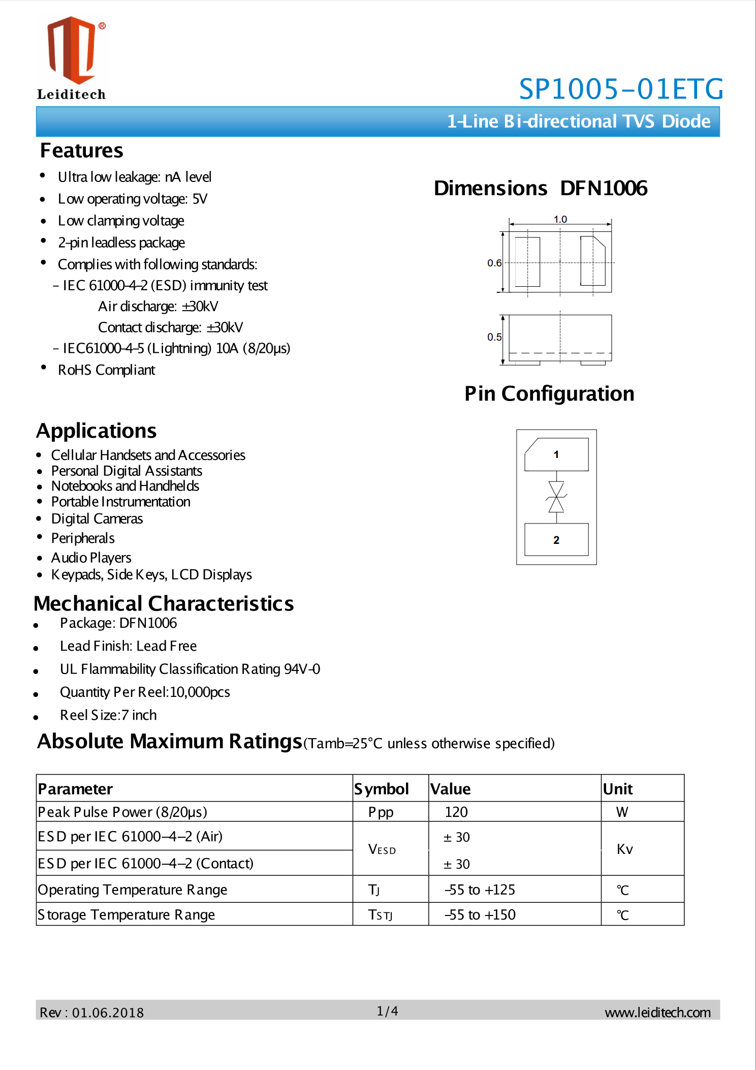 SP1005-01ETG_（Leiditech(雷卯电子)）SP1005-01ETG中文资料_价格_PDF手册-立创电子商城