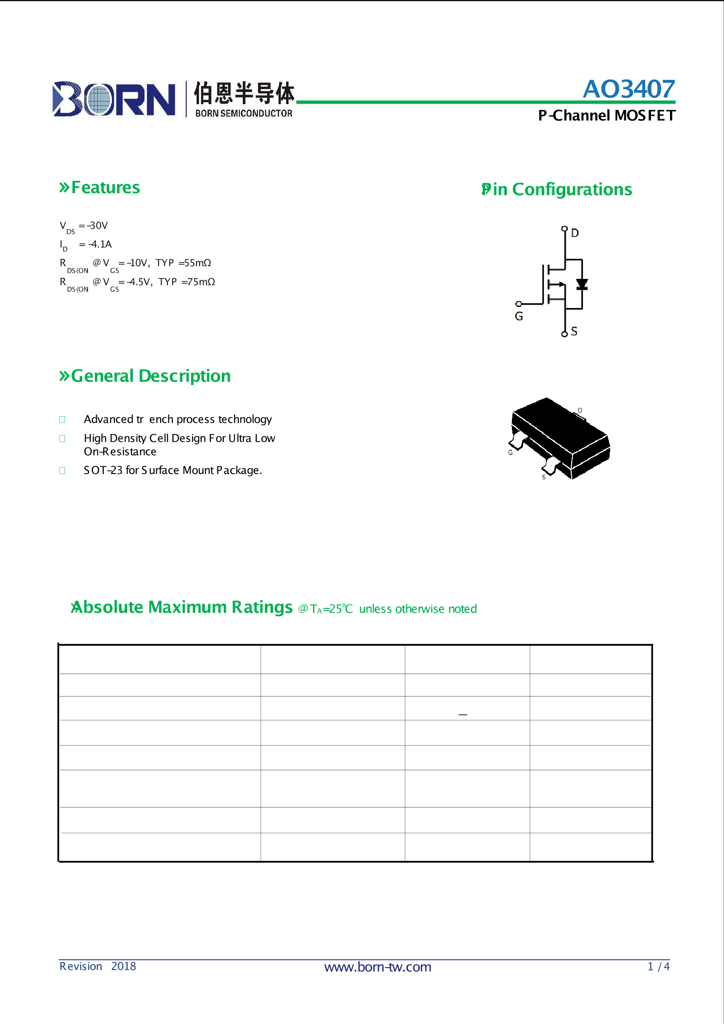 AO3407_（BORN(伯恩半导体)）AO3407中文资料_价格_PDF手册-立创电子商城