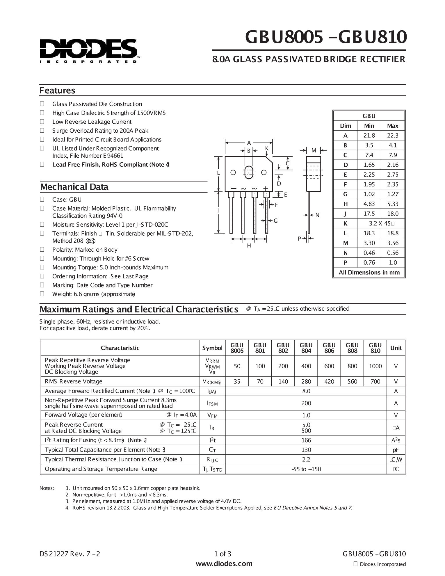 GBU808_HF_（DIODES(美台)）GBU808_HF中文资料_价格_PDF手册-立创电子商城