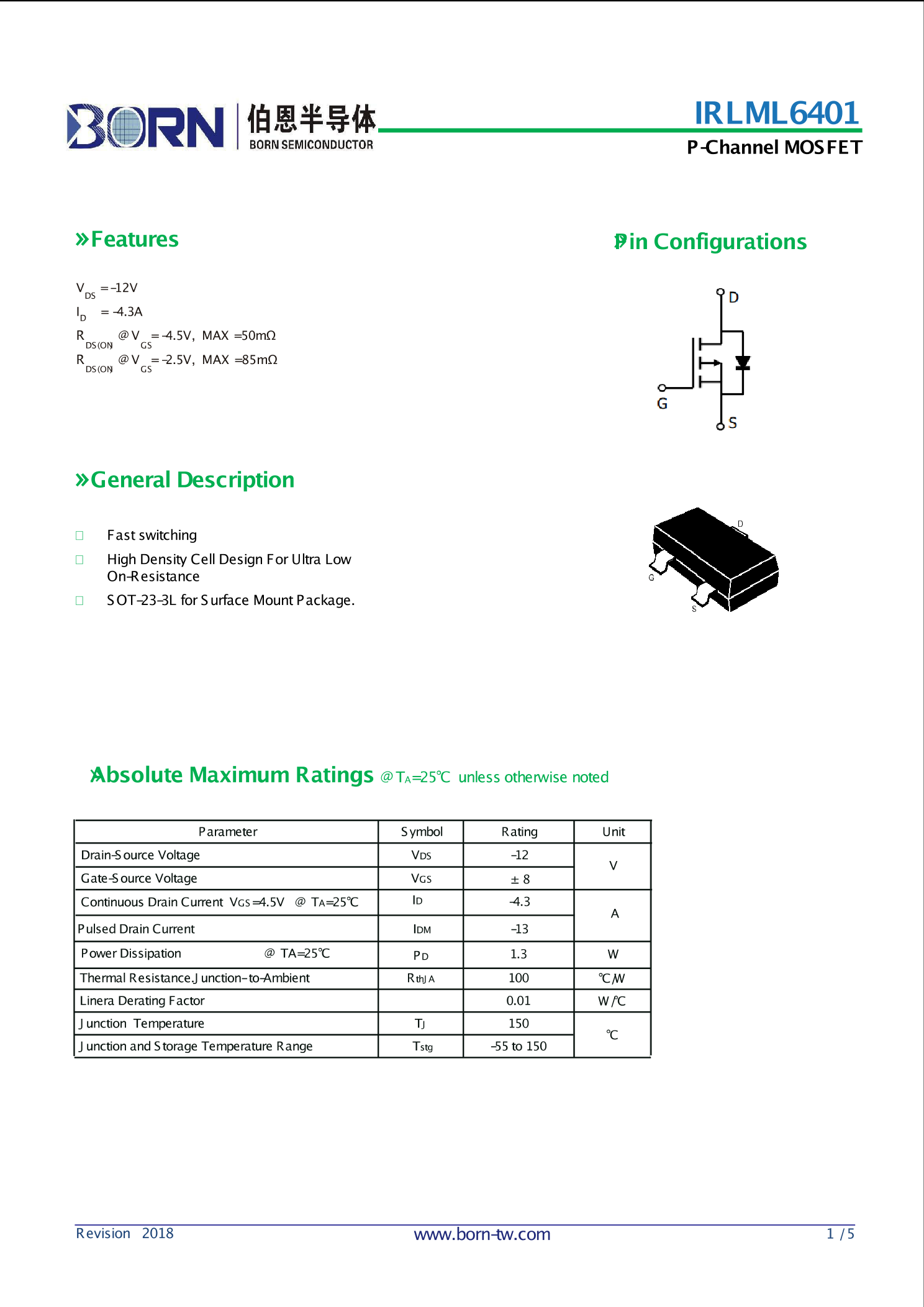 IRLML6401_（BORN(伯恩半导体)）IRLML6401中文资料_价格_PDF手册-立创电子商城