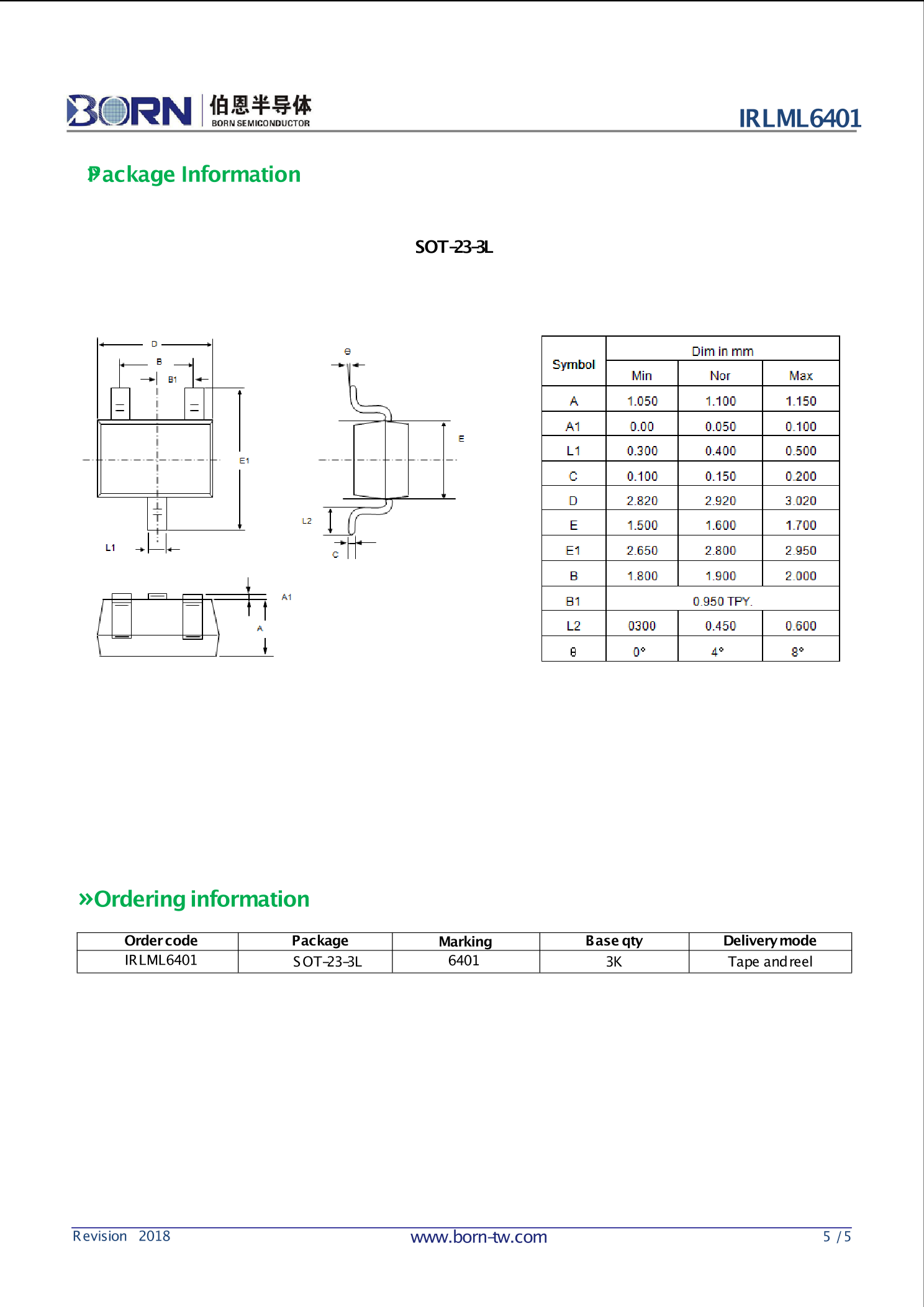 IRLML6401_（BORN(伯恩半导体)）IRLML6401中文资料_价格_PDF手册-立创电子商城