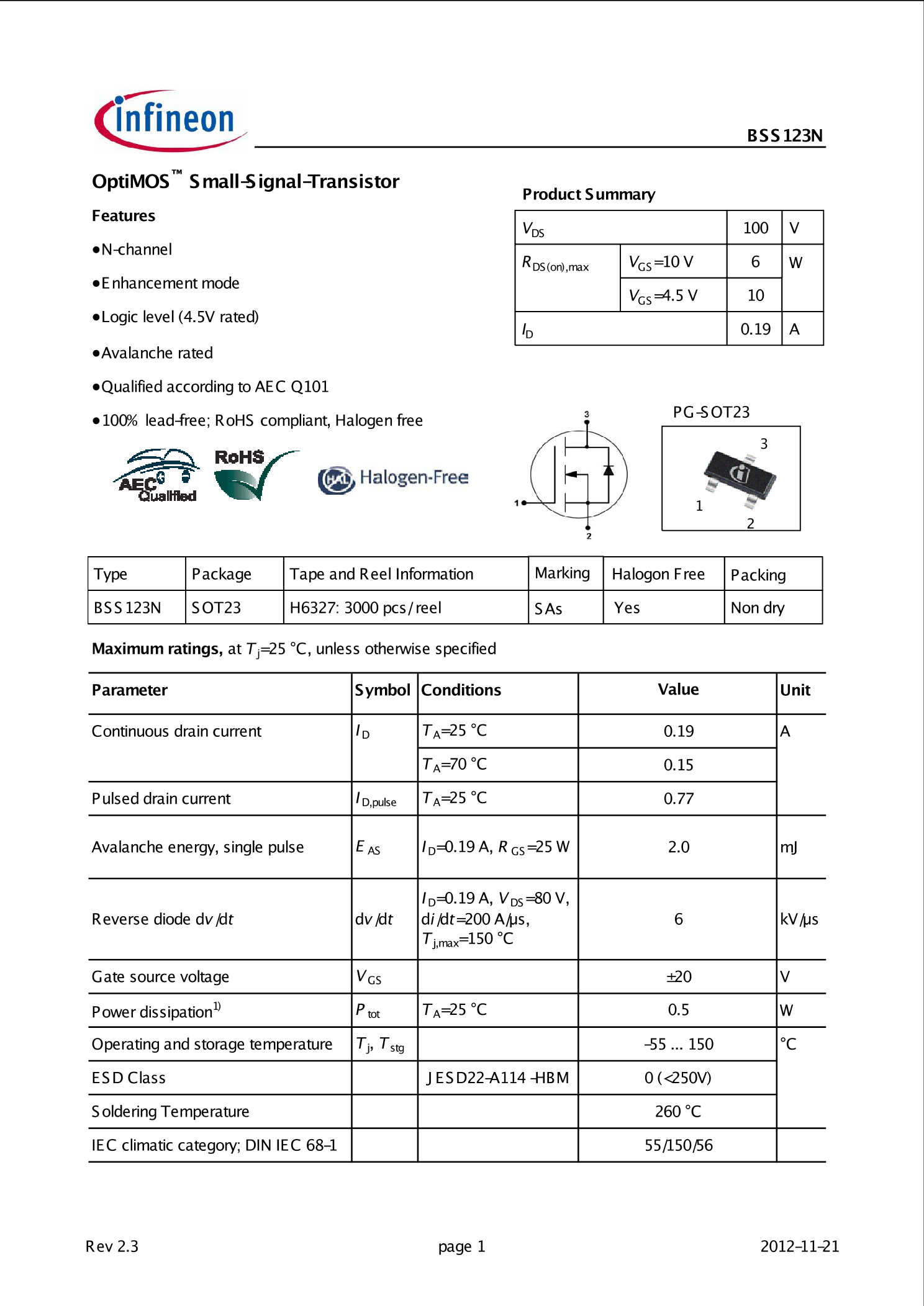 BSS123N_（Infineon(英飞凌)）BSS123N中文资料_价格_PDF手册-立创电子商城
