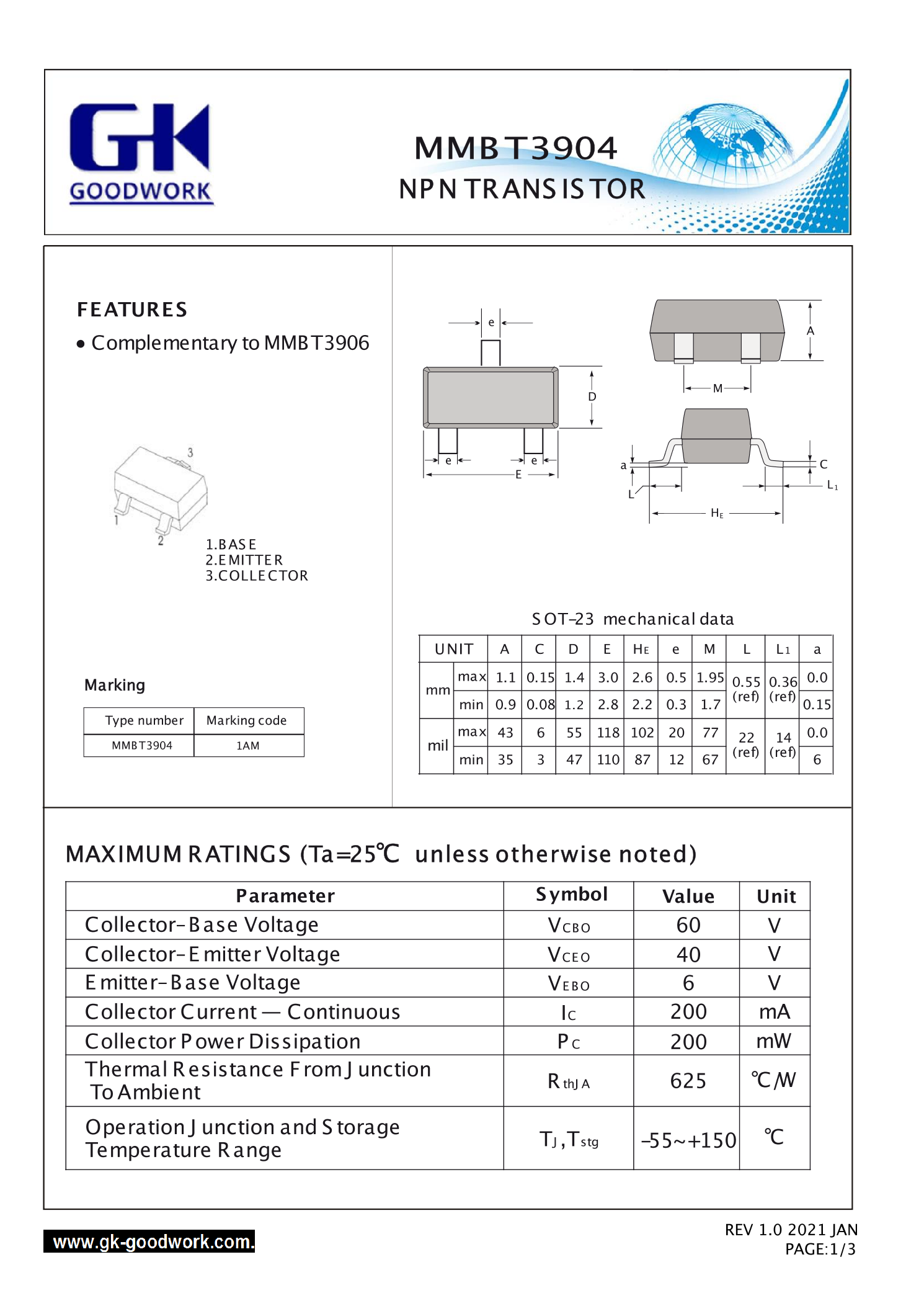MMBT3904_（GOODWORK(固得沃克)）MMBT3904中文资料_价格_PDF手册-立创电子商城