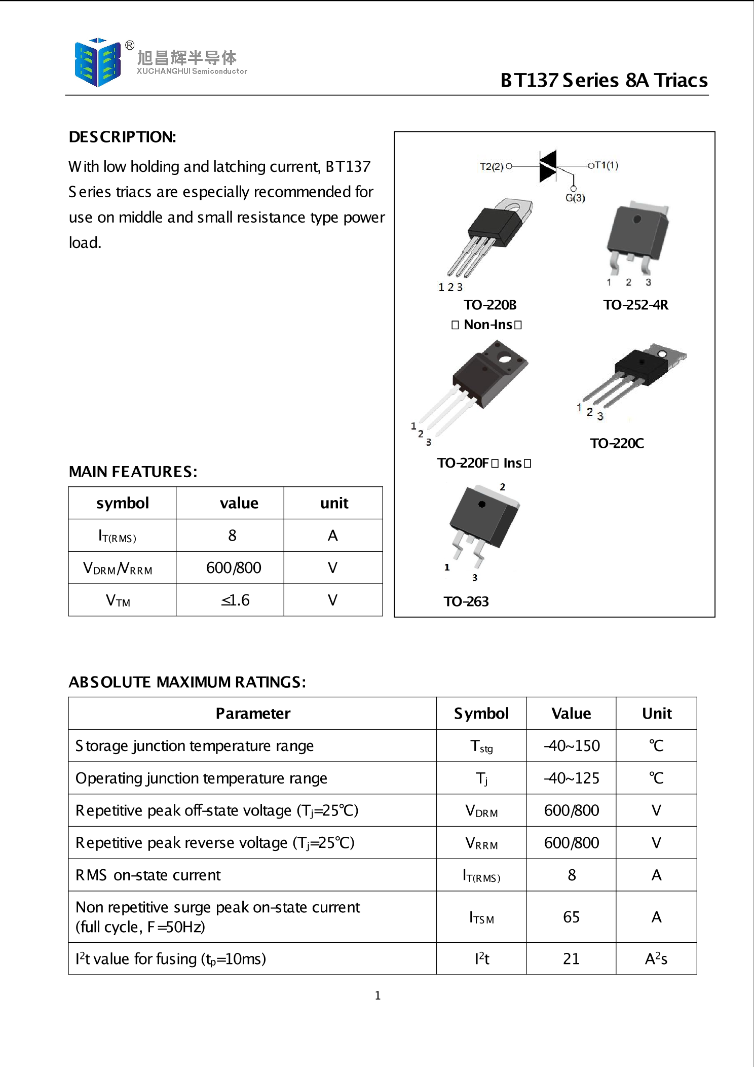 BT137-800E_（XCH(旭昌辉)）BT137-800E中文资料_价格_PDF手册-立创电子商城