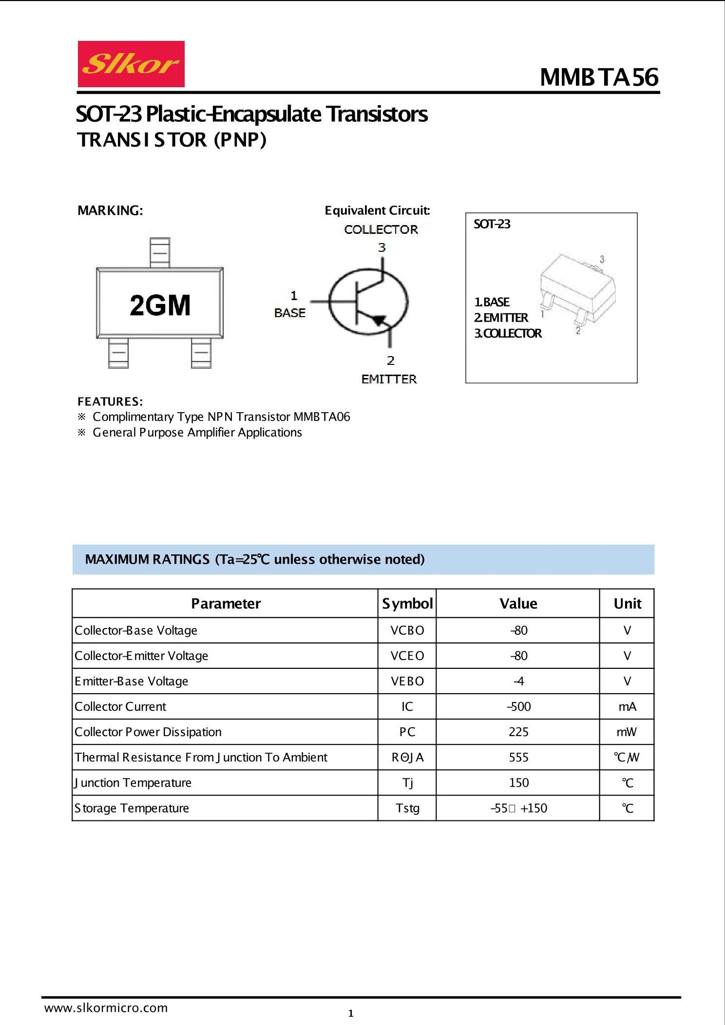 MMBTA56_（Slkor(萨科微)）MMBTA56中文资料_价格_PDF手册-立创电子商城