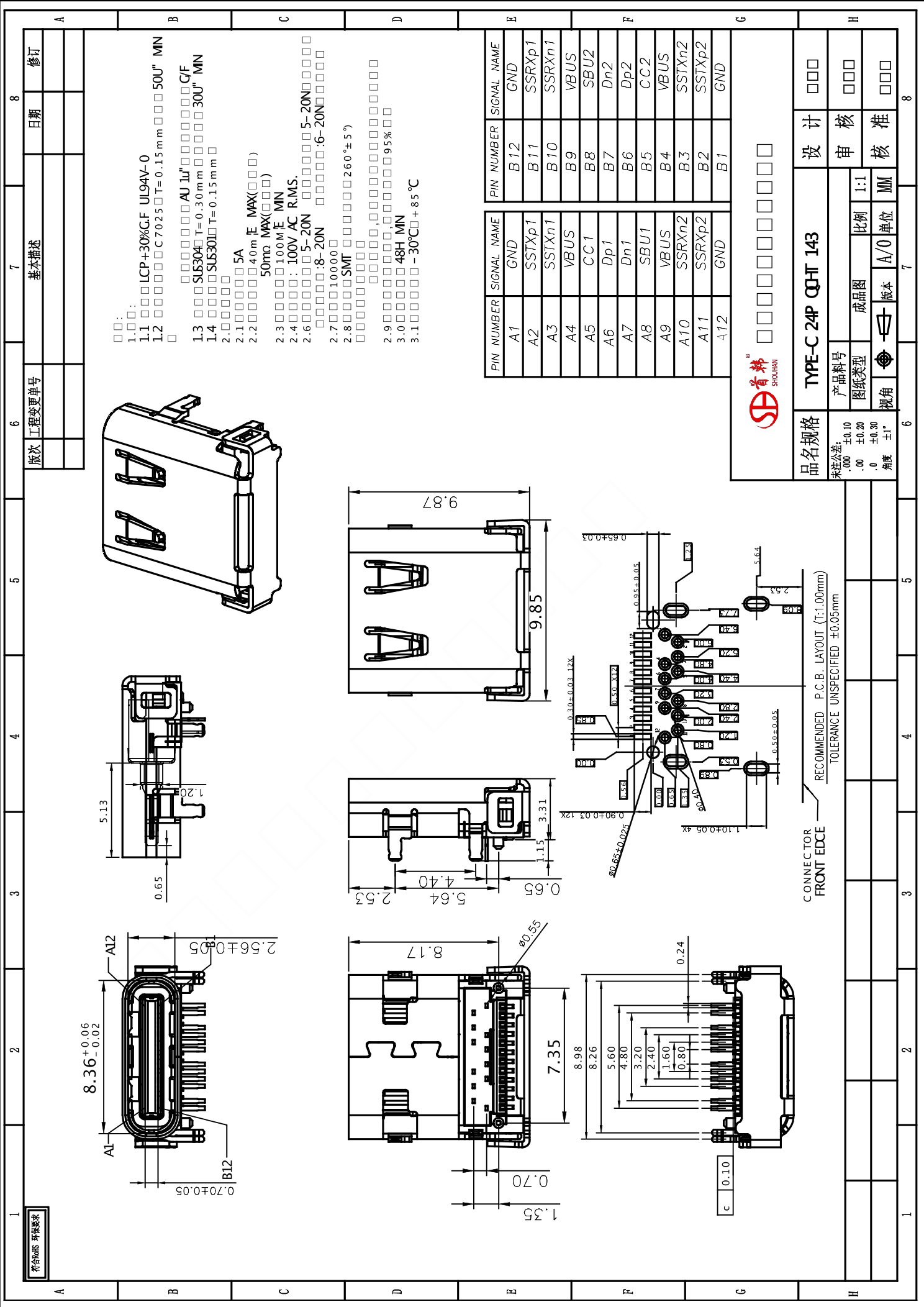 TYPE-C 24P QCHT 143_（SHOU HAN(首韩)）TYPE-C 24P QCHT 143中文资料_价格_PDF手册-立创电子商城