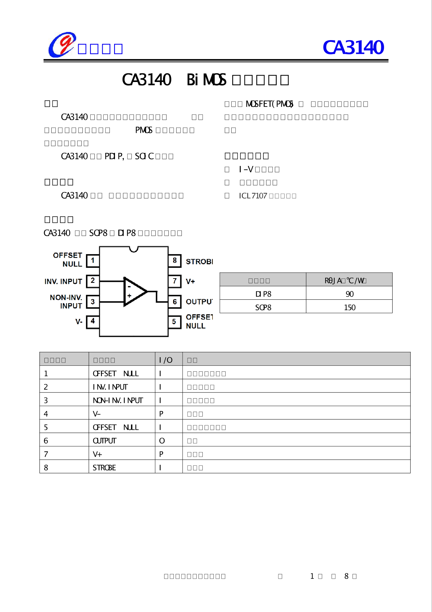 CA3140_（Gcore(扬州国芯)）CA3140中文资料_价格_PDF手册-立创电子商城