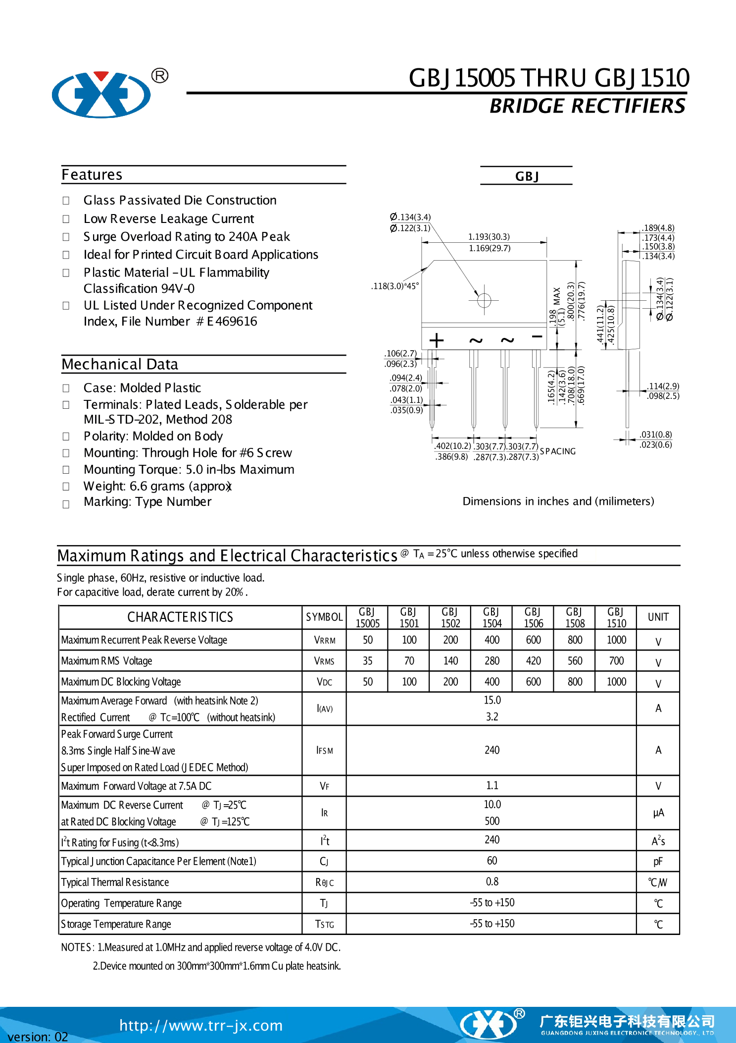 GBJ1510_（JUXING(钜兴)）GBJ1510中文资料_价格_PDF手册-立创电子商城