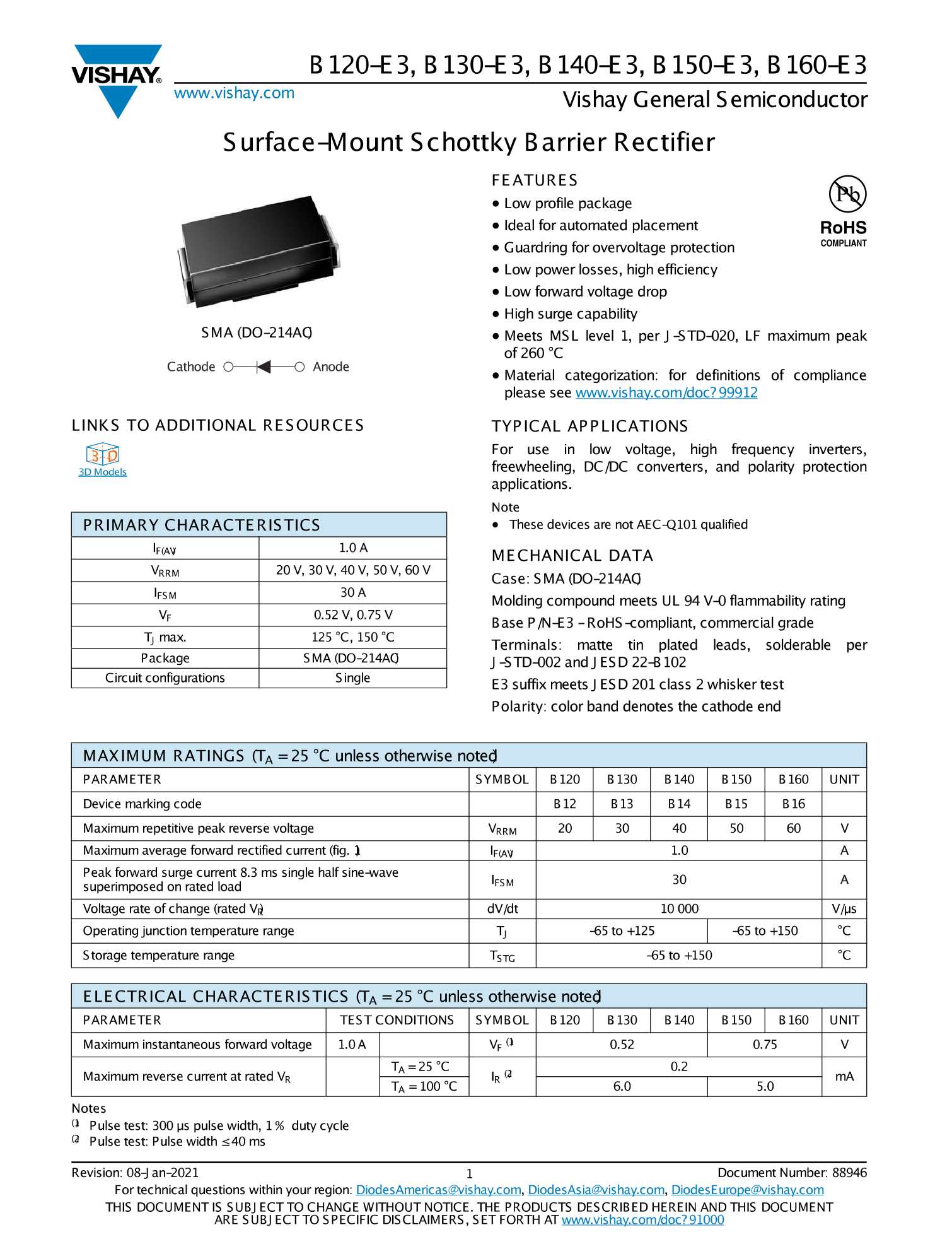 B160-E3/61T_（VISHAY(威世)）B160-E3/61T中文资料_价格_PDF手册-立创电子商城