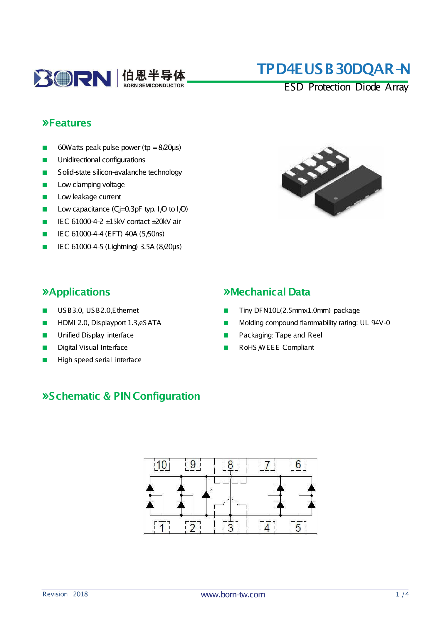 TPD4EUSB30DQAR-N_（BORN(伯恩半导体)）TPD4EUSB30DQAR-N中文资料_价格_PDF手册-立创电子商城