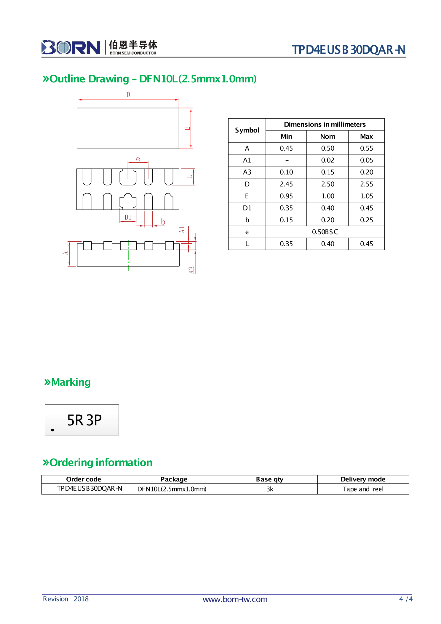 TPD4EUSB30DQAR-N_（BORN(伯恩半导体)）TPD4EUSB30DQAR-N中文资料_价格_PDF手册-立创电子商城