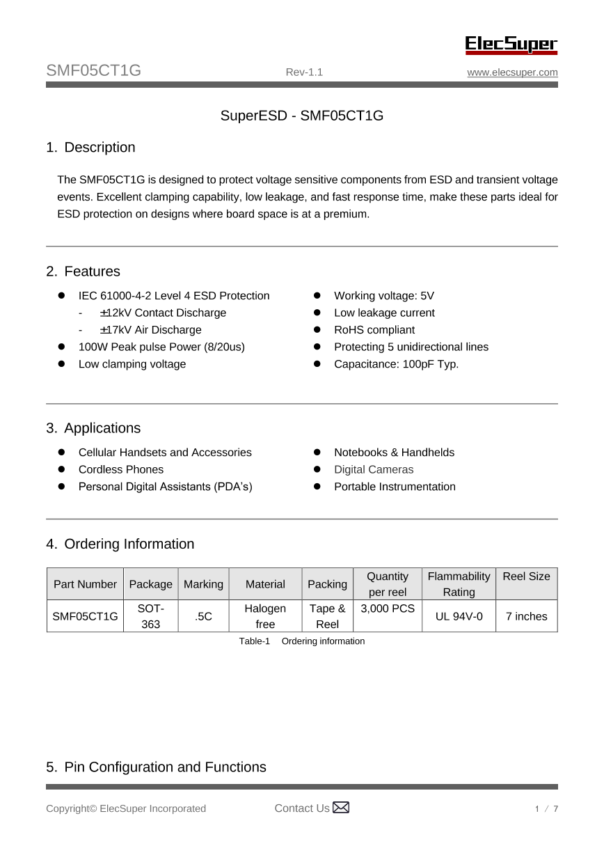 SMF05CT1G-ES_（ElecSuper(静芯微））SMF05CT1G-ES中文资料_价格_PDF手册-立创电子商城