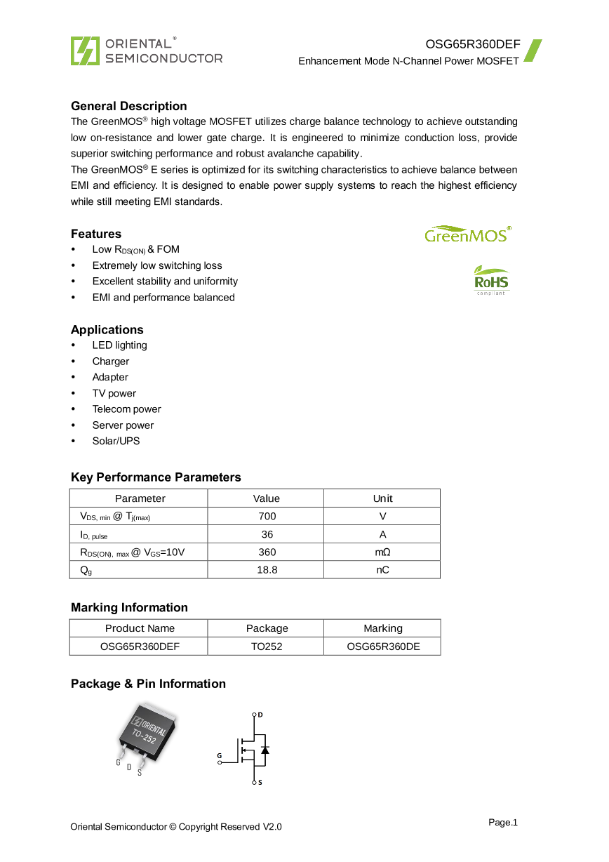 OSG65R360DEF_（ORIENTAL SEMI(东微)）OSG65R360DEF中文资料_价格_PDF手册-立创电子商城