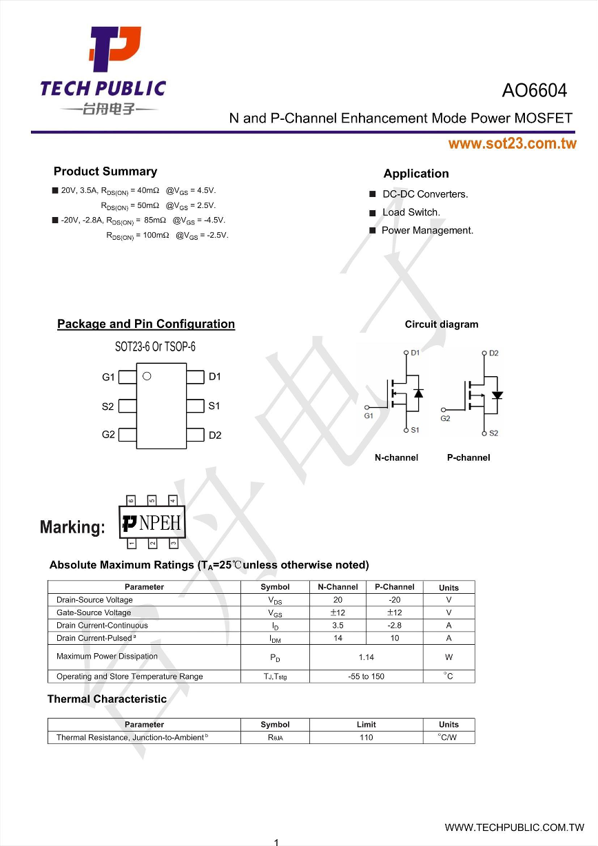 AO6604_（TECH PUBLIC(台舟)）AO6604中文资料_价格_PDF手册-立创电子商城