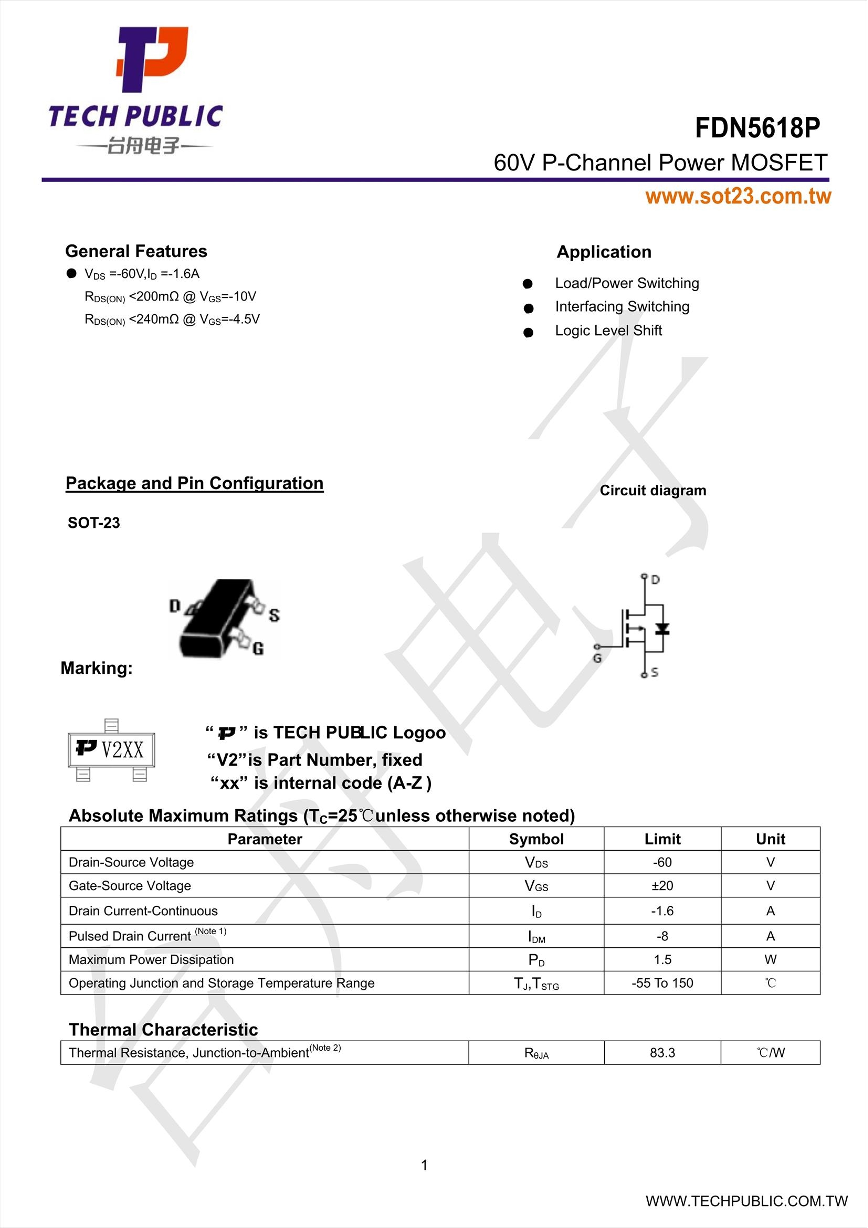 FDN5618P_（TECH PUBLIC(台舟)）FDN5618P中文资料_价格_PDF手册-立创电子商城