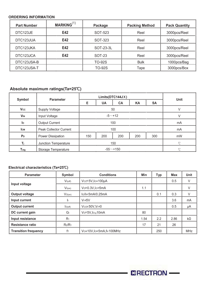 DTC123JCA_（RECTRON(丽正)）DTC123JCA中文资料_价格_PDF手册-立创电子商城