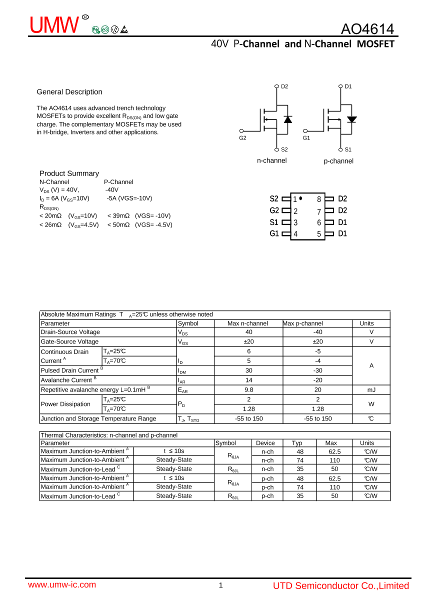 AO4614_（UMW(广东友台半导体)）AO4614中文资料_价格_PDF手册-立创电子商城