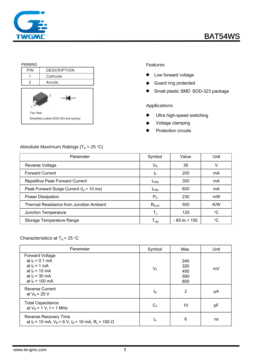 BAT54WS_（TWGMC(台湾迪嘉)）BAT54WS中文资料_价格_PDF手册-立创电子商城