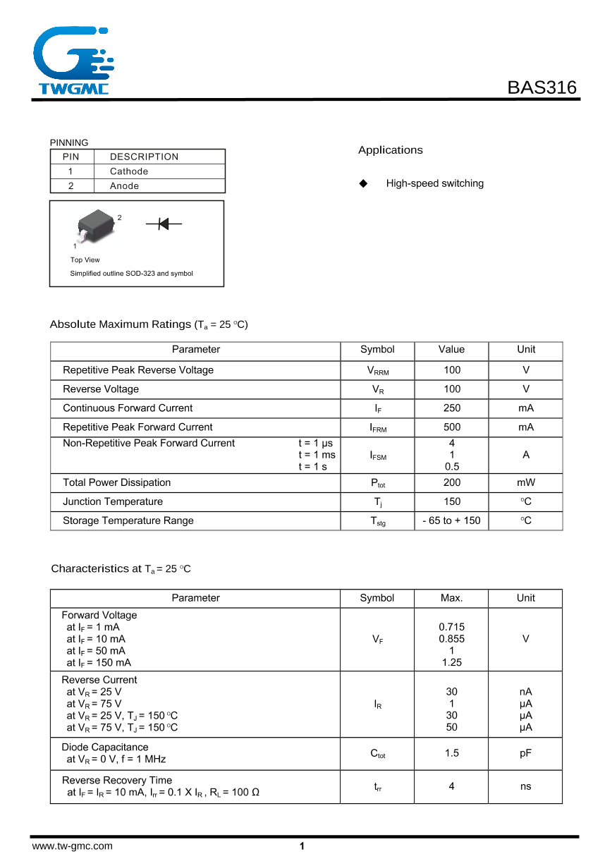 BAS316_（TWGMC(台湾迪嘉)）BAS316中文资料_价格_PDF手册-立创电子商城