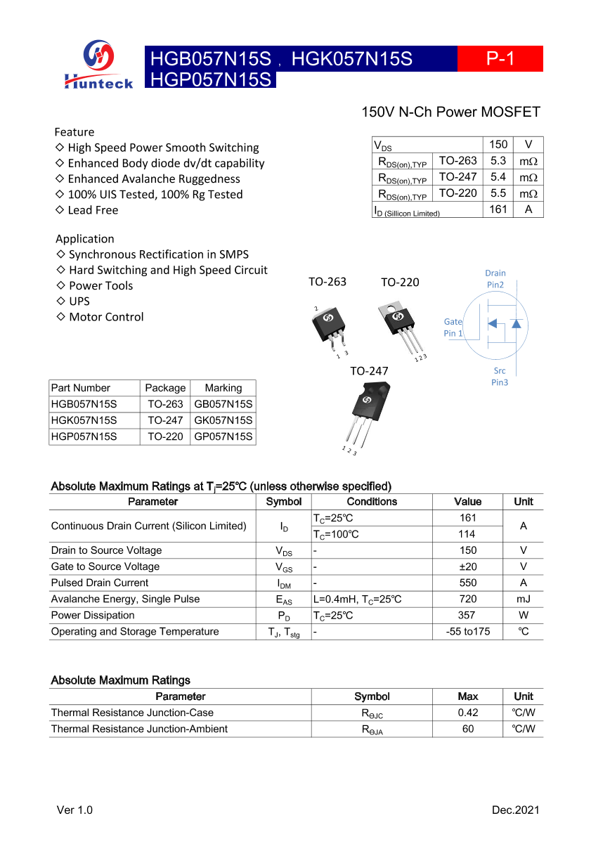HGP057N15S_（Hunteck(恒泰柯)）HGP057N15S中文资料_价格_PDF手册-立创电子商城