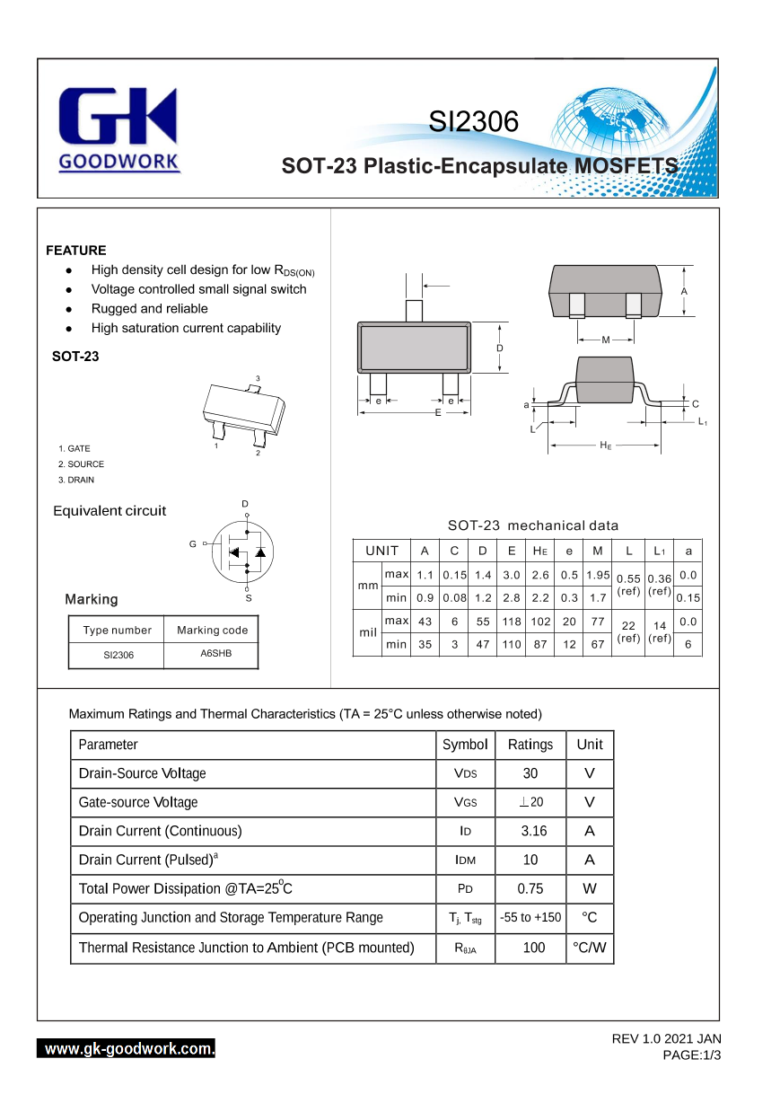 SI2306_（GOODWORK(固得沃克)）SI2306中文资料_价格_PDF手册-立创电子商城