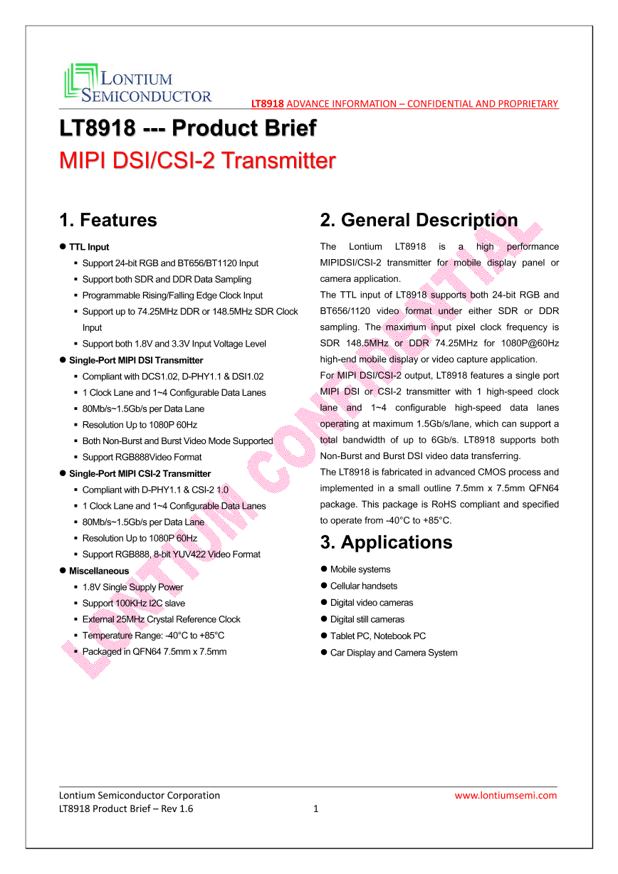 LT8918_（Lontium(龙迅)）LT8918中文资料_价格_PDF手册-立创电子商城